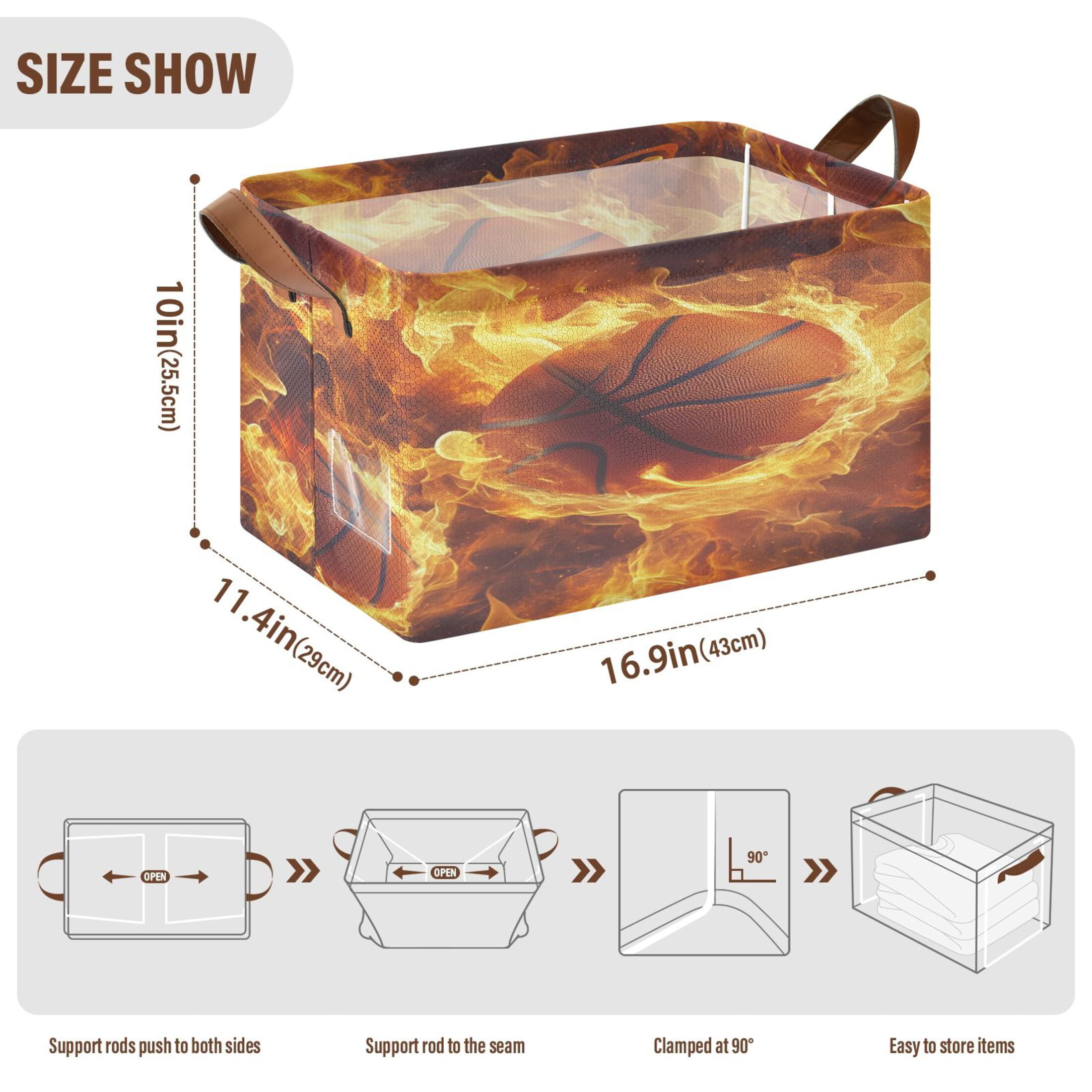 BZSMCE Collapsible Fabric Cube Storage Bins Basketball with Flames ...