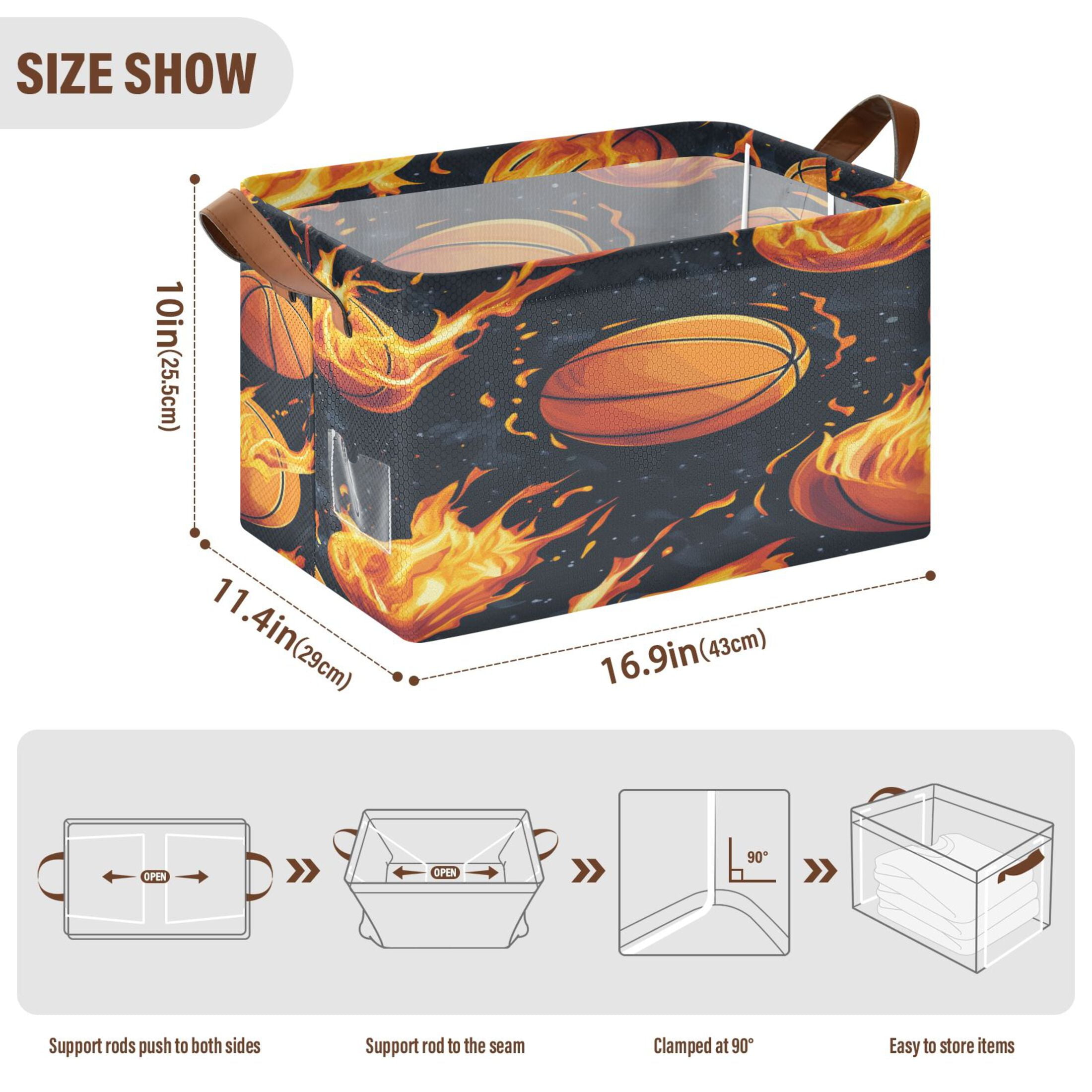 BZSMCE Collapsible Fabric Cube Storage Bins Basketball with Flames ...