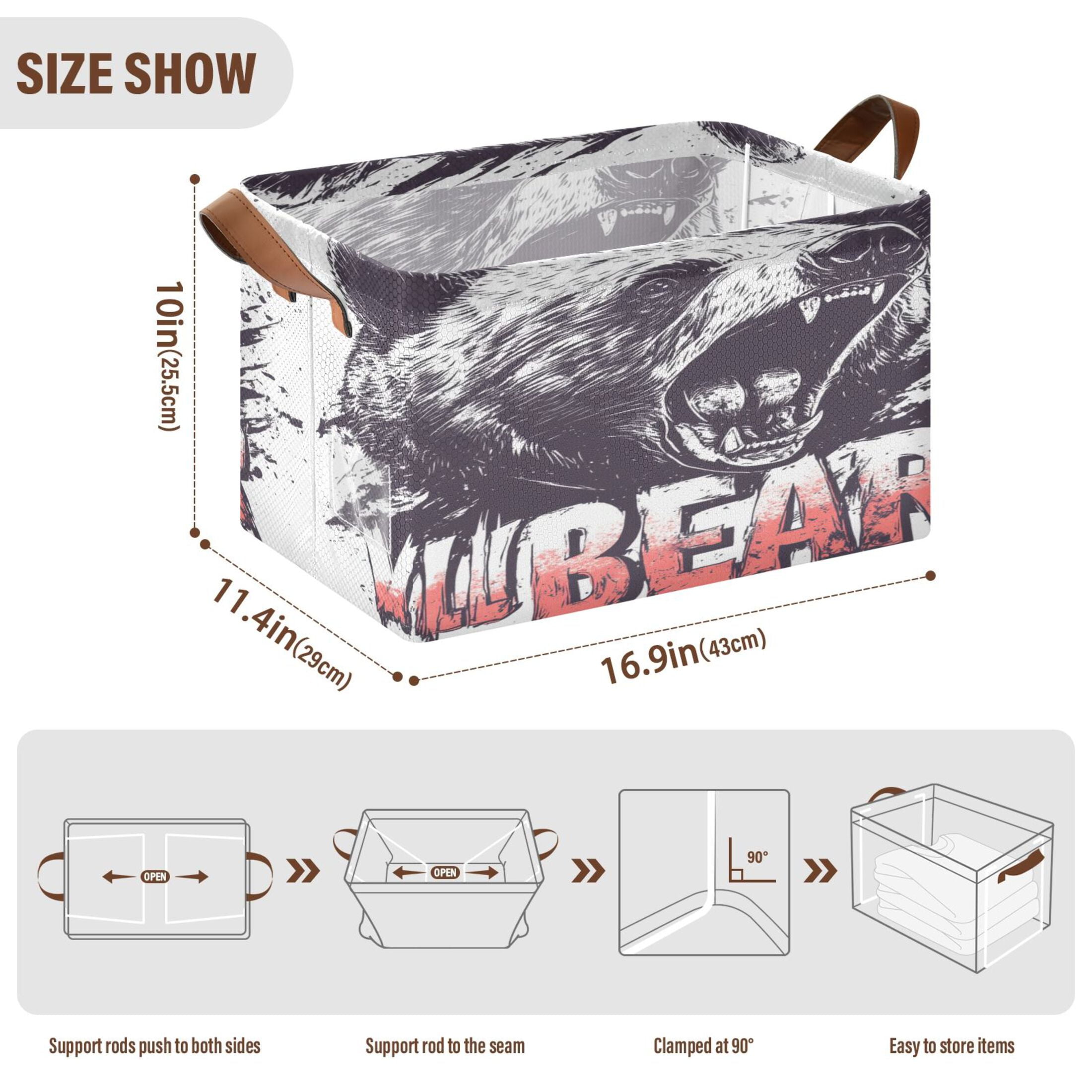 BZSMCE Collapsible Fabric Cube Storage Bins Black Wild Bear Design ...