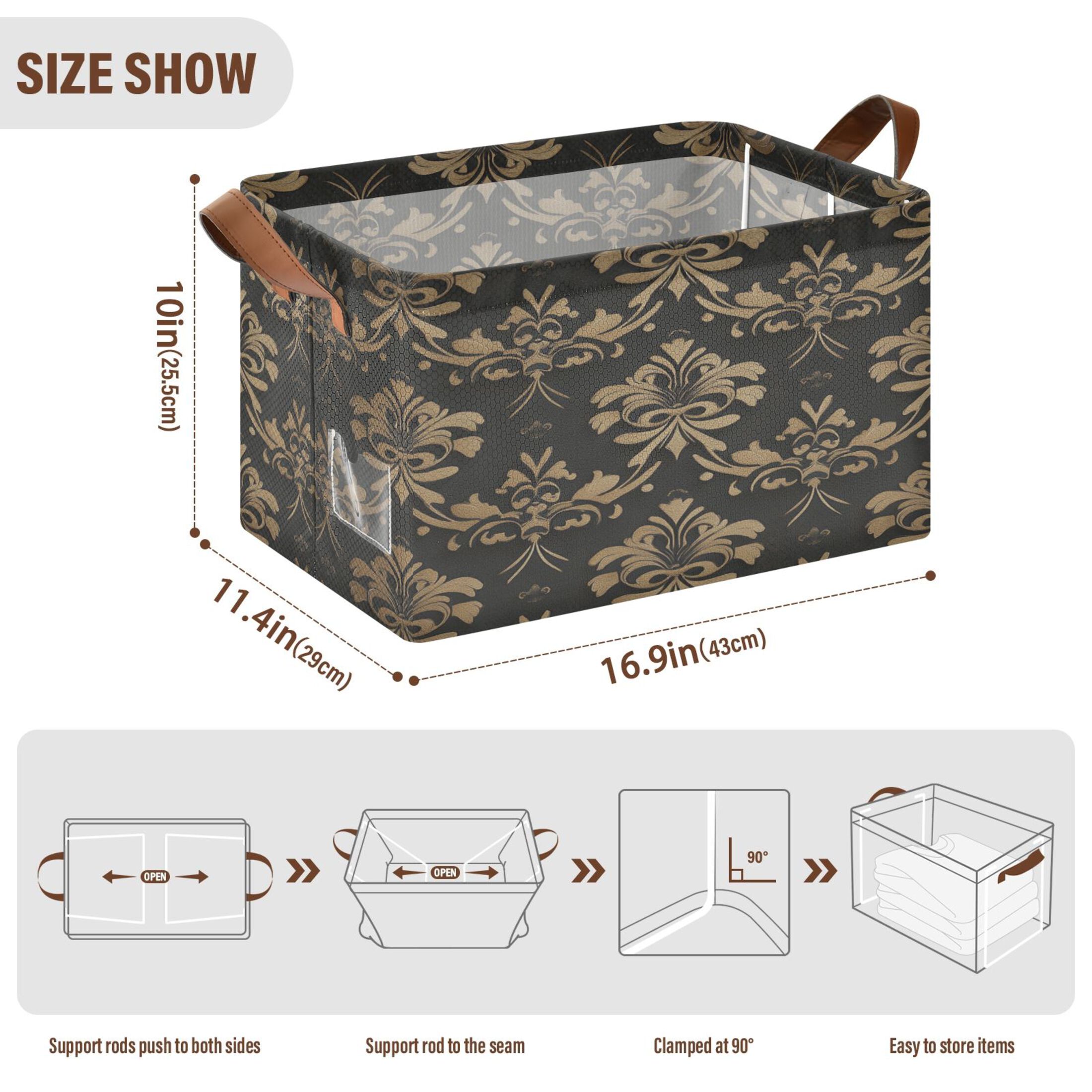 BZSMCE Collapsible Fabric Cube Storage Bins Black and Gold Pattern ...