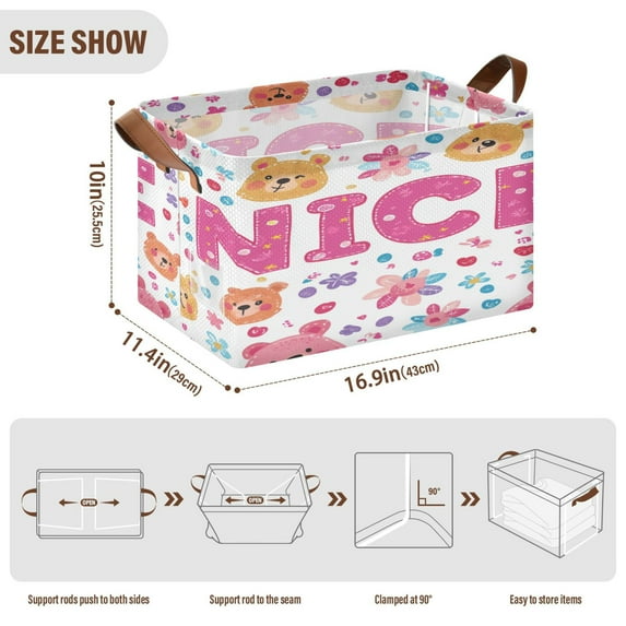 BZSMCE Collapsible Fabric Cube Storage Bins Cute Bear Stylized Printing ...