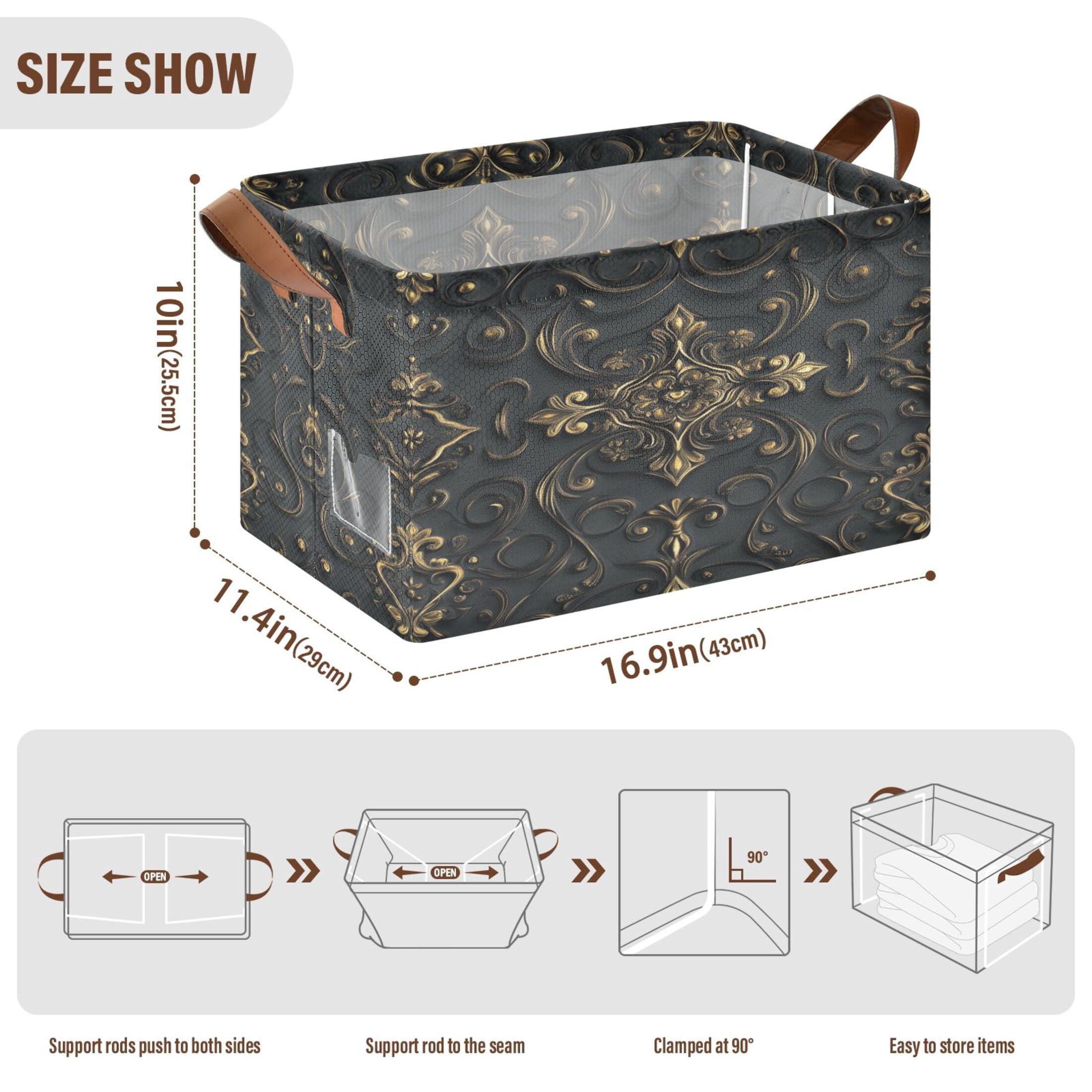 BZSMCE Collapsible Fabric Cube Storage Bins Design Black and Gold Pattern Design Pattern Storage ...