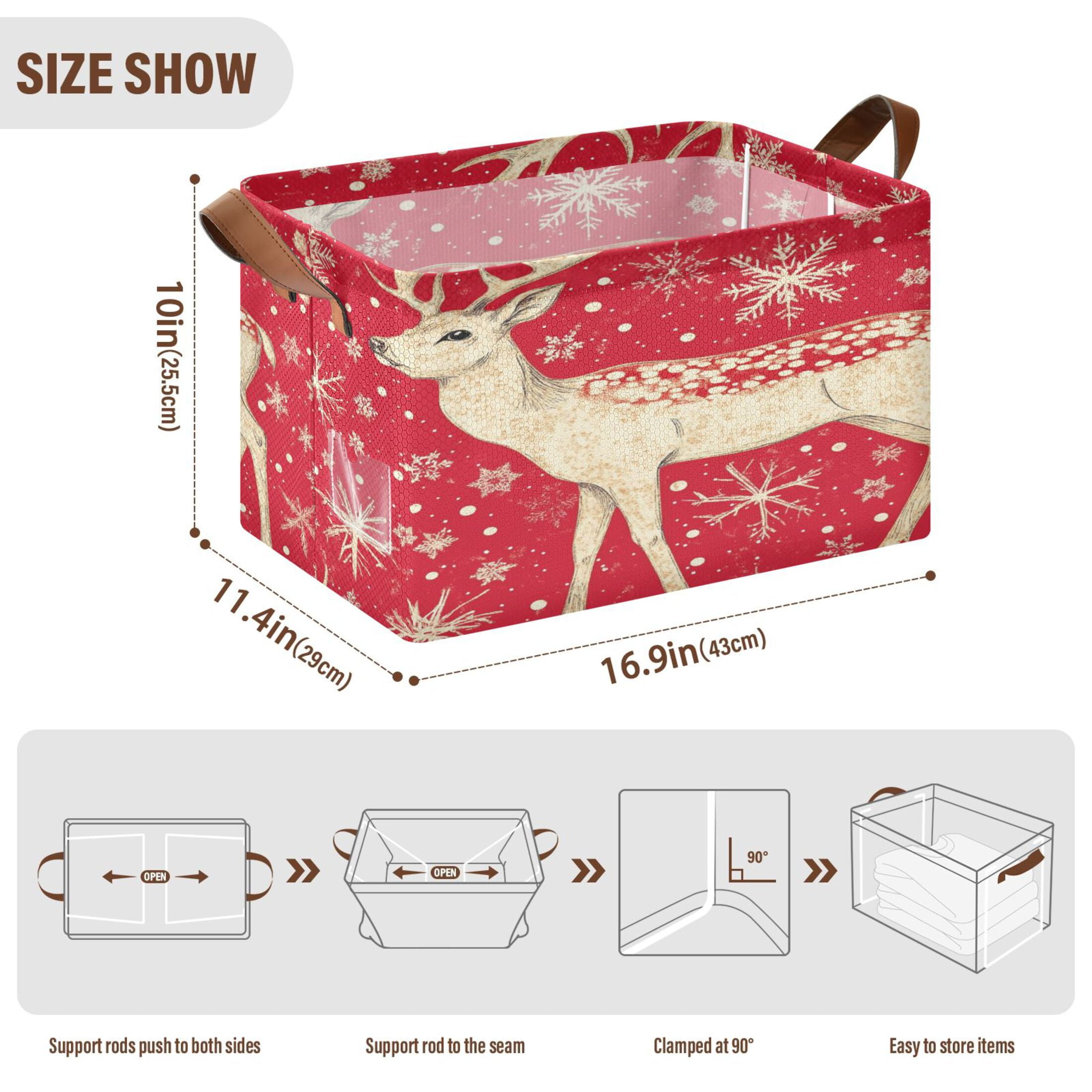 BZSMCE Collapsible Fabric Cube Storage Bins Gold Reindeer and Snowflake ...