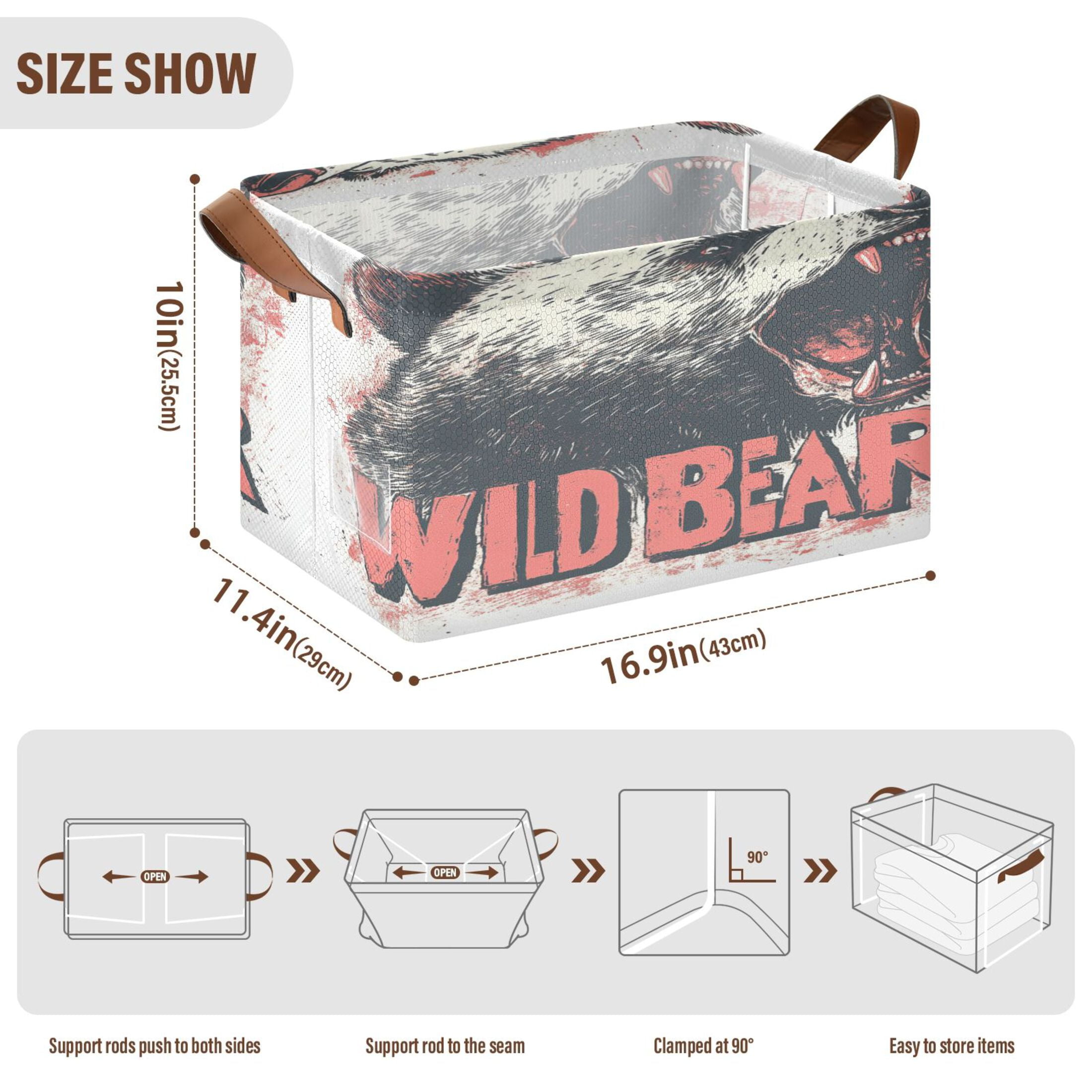 BZSMCE Collapsible Fabric Cube Storage Bins Roaring Wild Bear Design ...