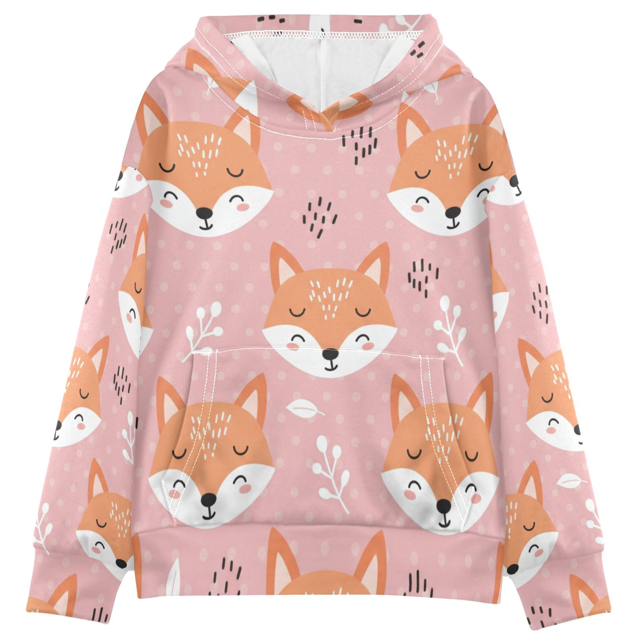 BZSMCE Cute Fox Print Hoodie Casual Pullover Sweatshirt With Kangaroo ...