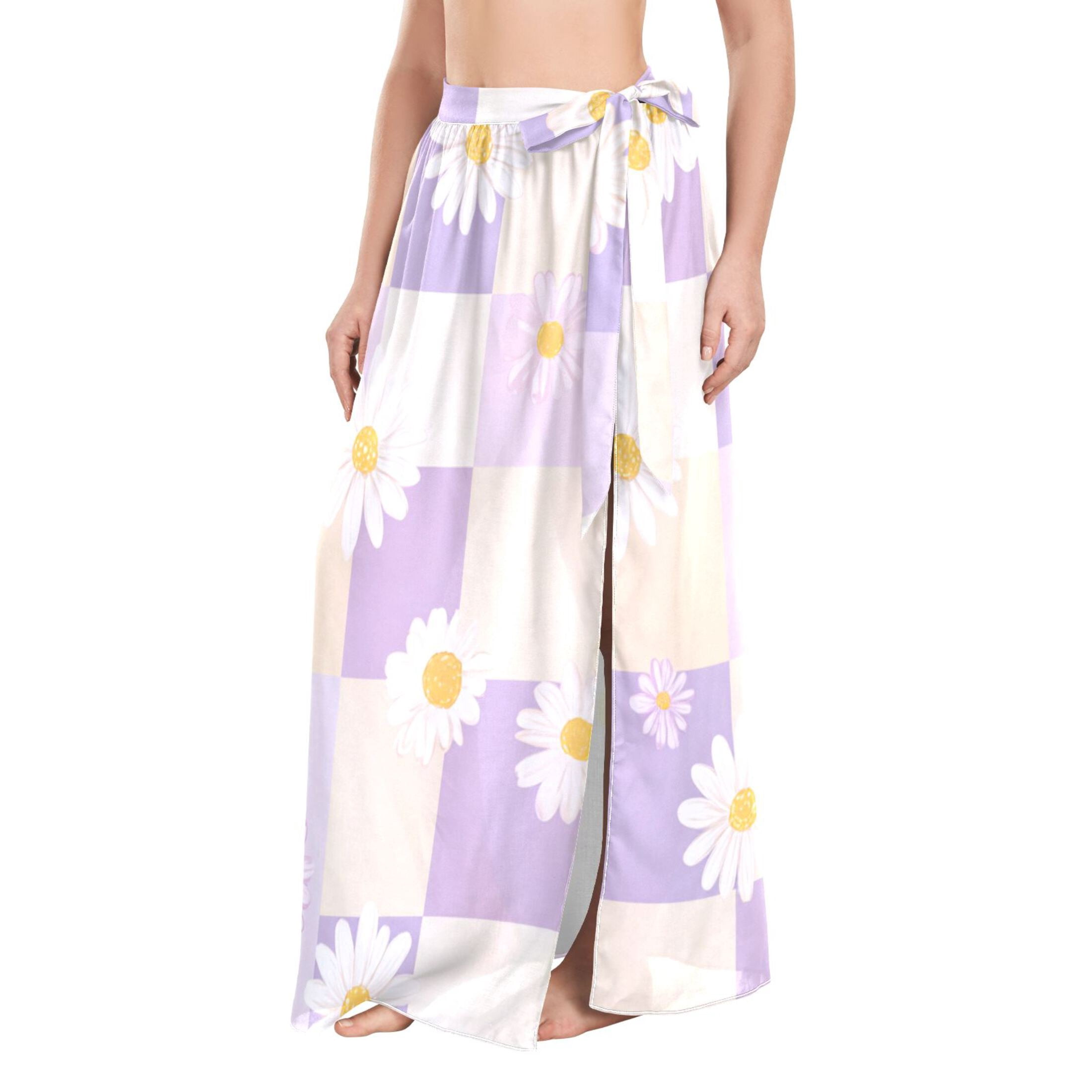 BZSMCE Daisies on Pastel Checker Maxi Cover-Up Skirt, Lightweight Quick ...