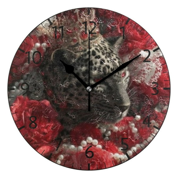 BZSMCE Decorative Wall Clock Size：25cm Leopard Red Roses Crown Pattern ...