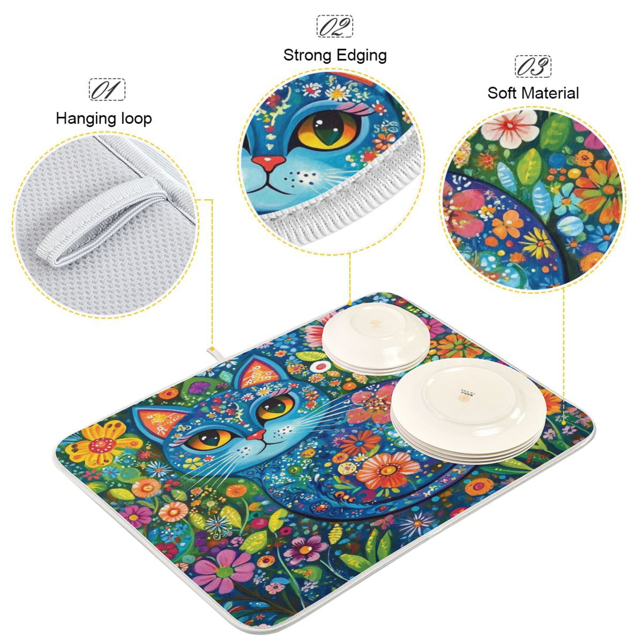 BZSMCE Dish Drying Mat Floral Cat Dream Pattern Design Drying Mats ...