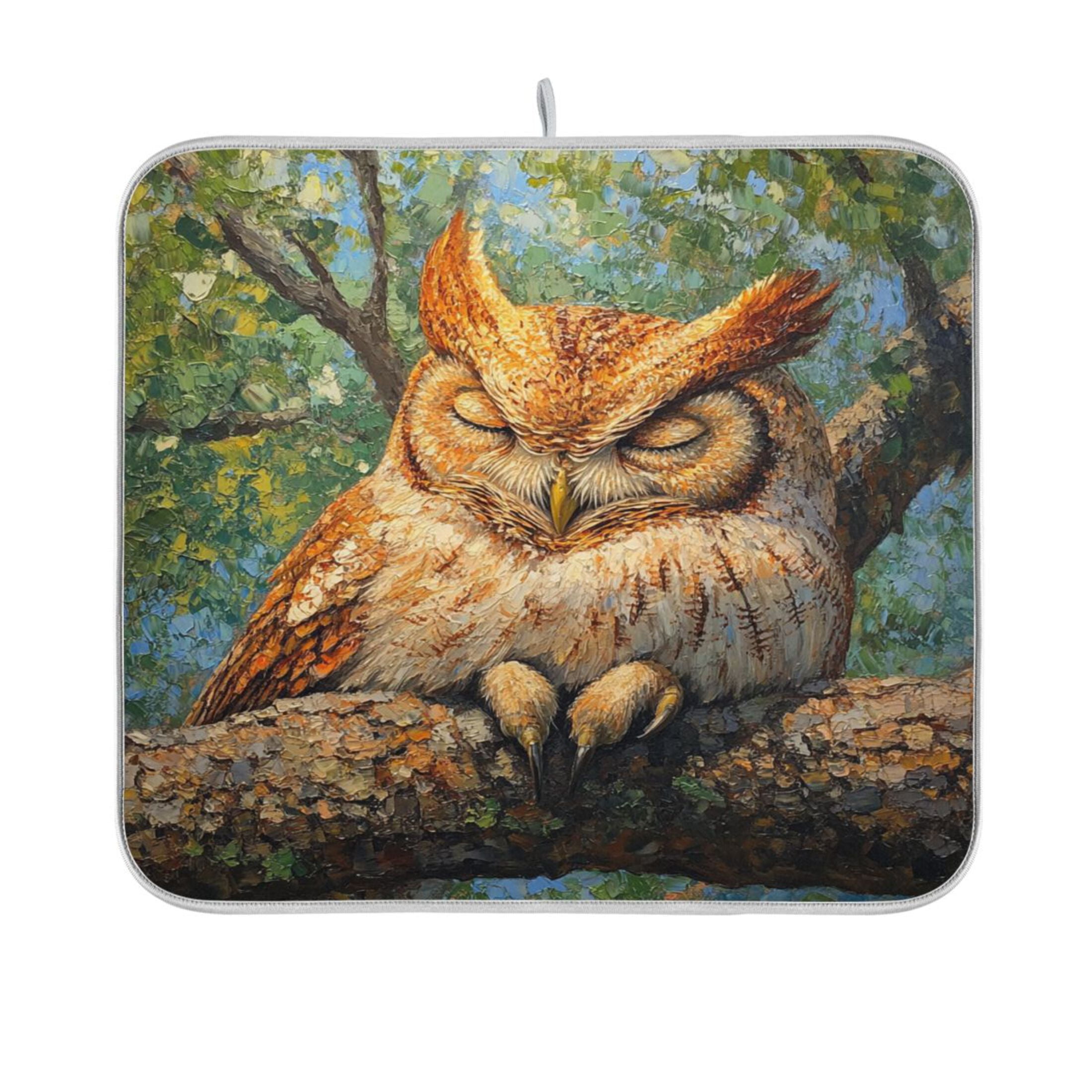 BZSMCE Dish Drying Mat Owl Sitting on The Branch Design Drying Mats ...
