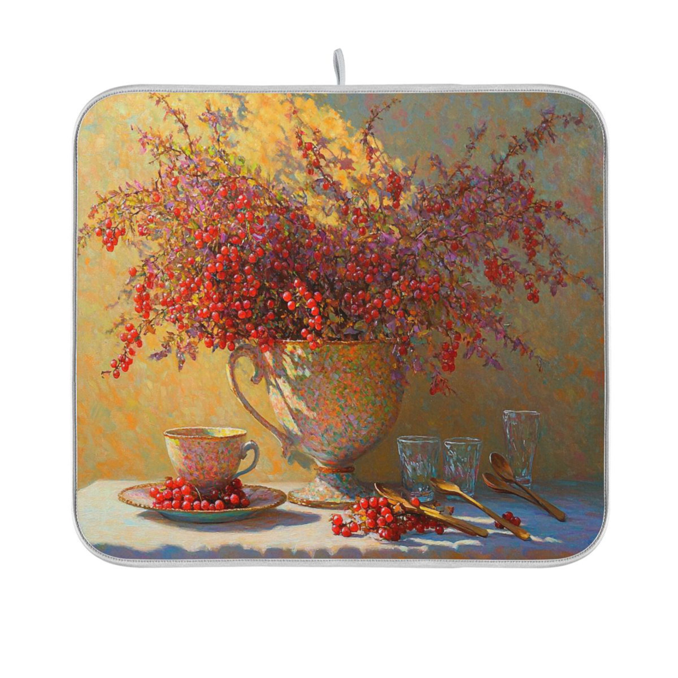 BZSMCE Dish Drying Mat Red Cherry Oil Painting Design Drying Mats ...