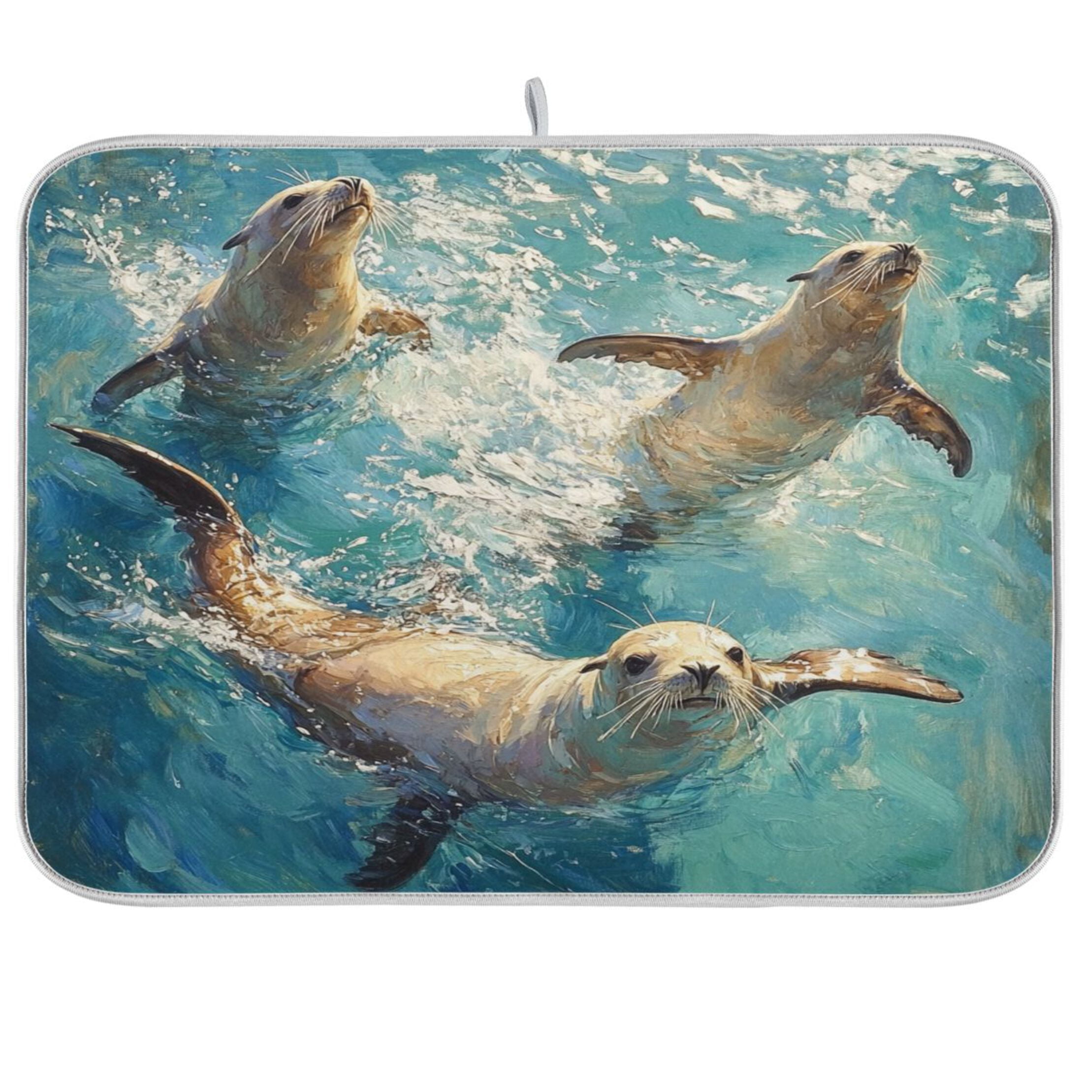 BZSMCE Dish Drying Mat Sea-lion Play on The Ocean Design Drying Mats ...