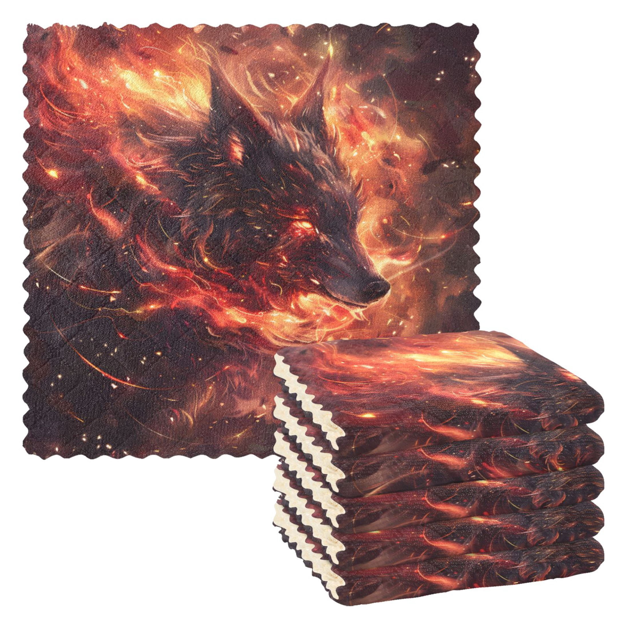 BZSMCE Dish Towels Reuseable Cleaning Cloths 6-pack In Black Wolf Flame ...