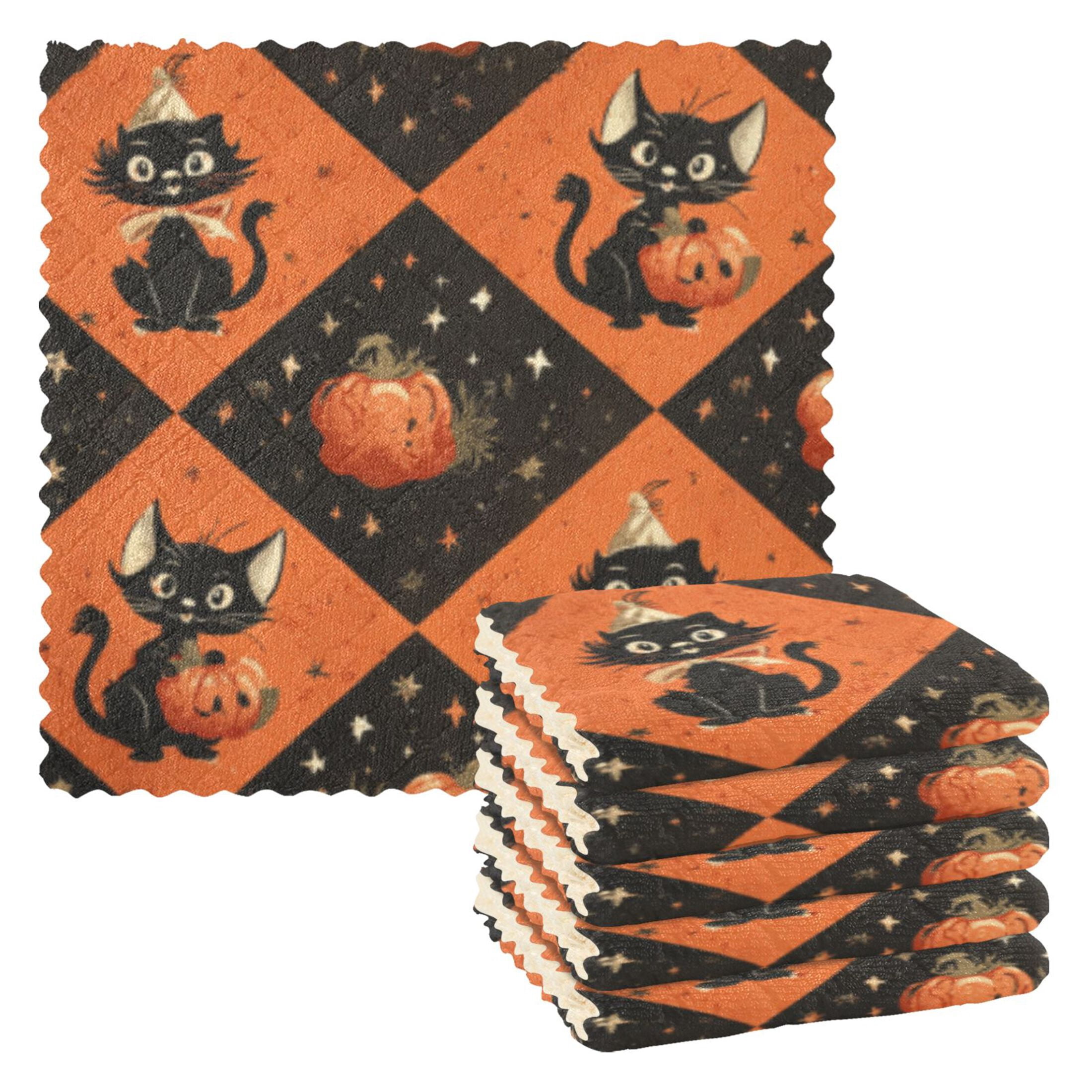 BZSMCE Dish Towels Reuseable Cleaning Cloths 6-pack In Cat and Pumpkin ...