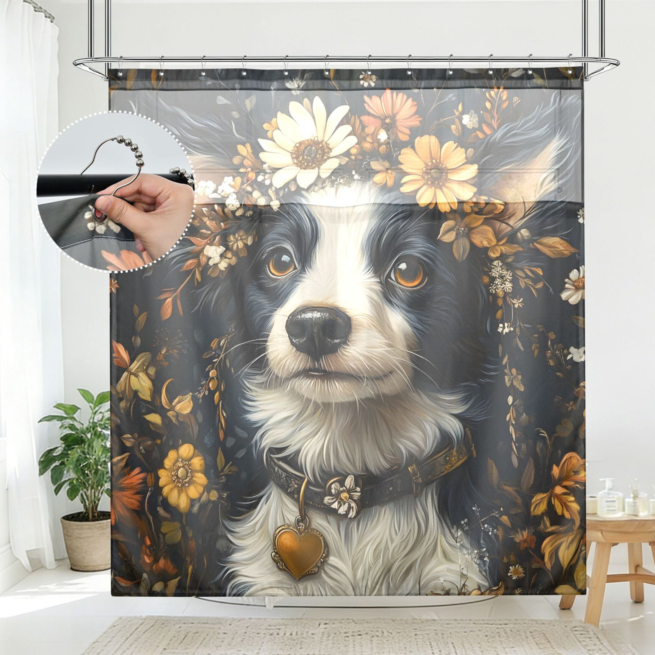 BZSMCE Dog Flower Pattern Bathroom Shower Curtain Set with Hooks ...