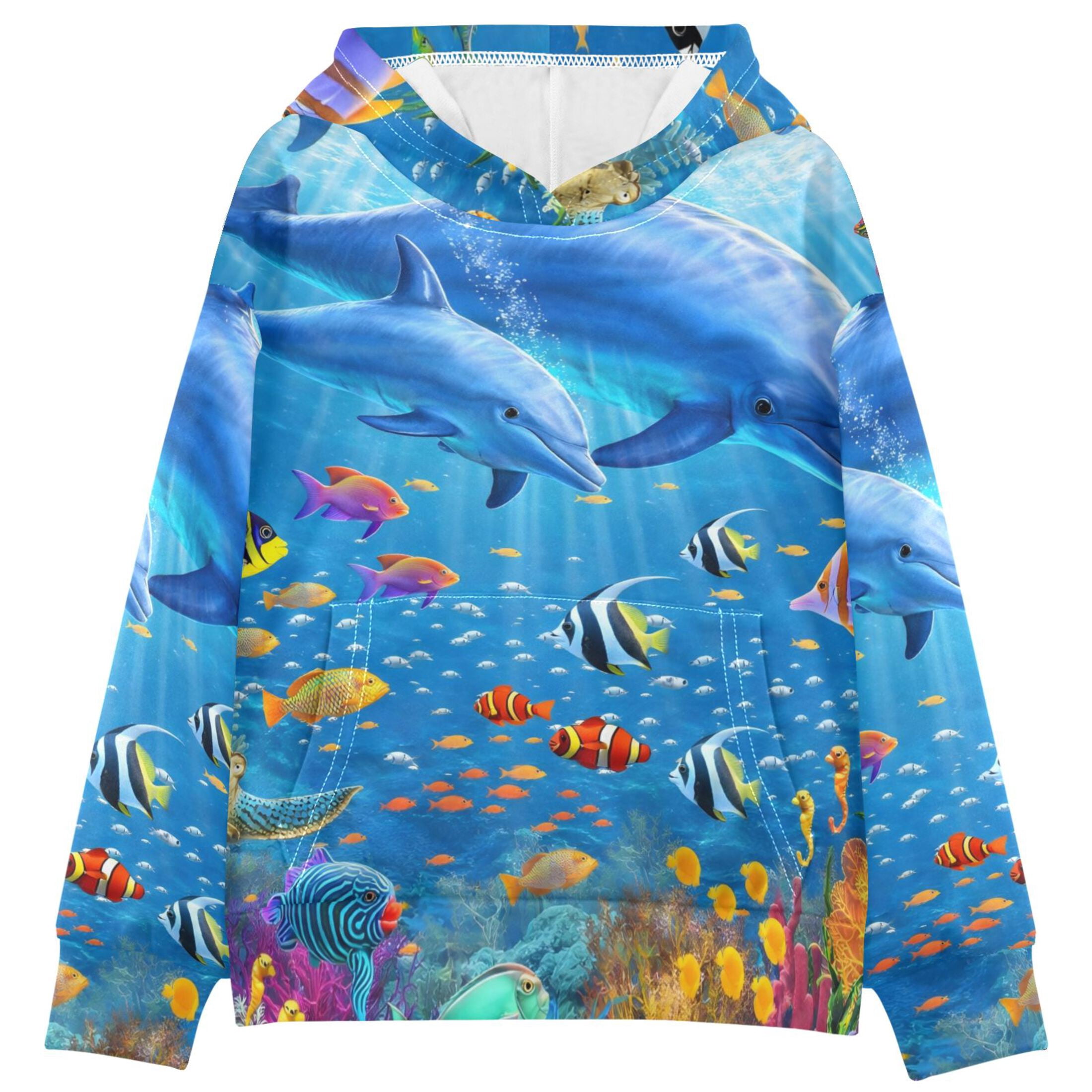 BZSMCE Dolphin Fish Print Hoodie Casual Pullover Sweatshirt With ...