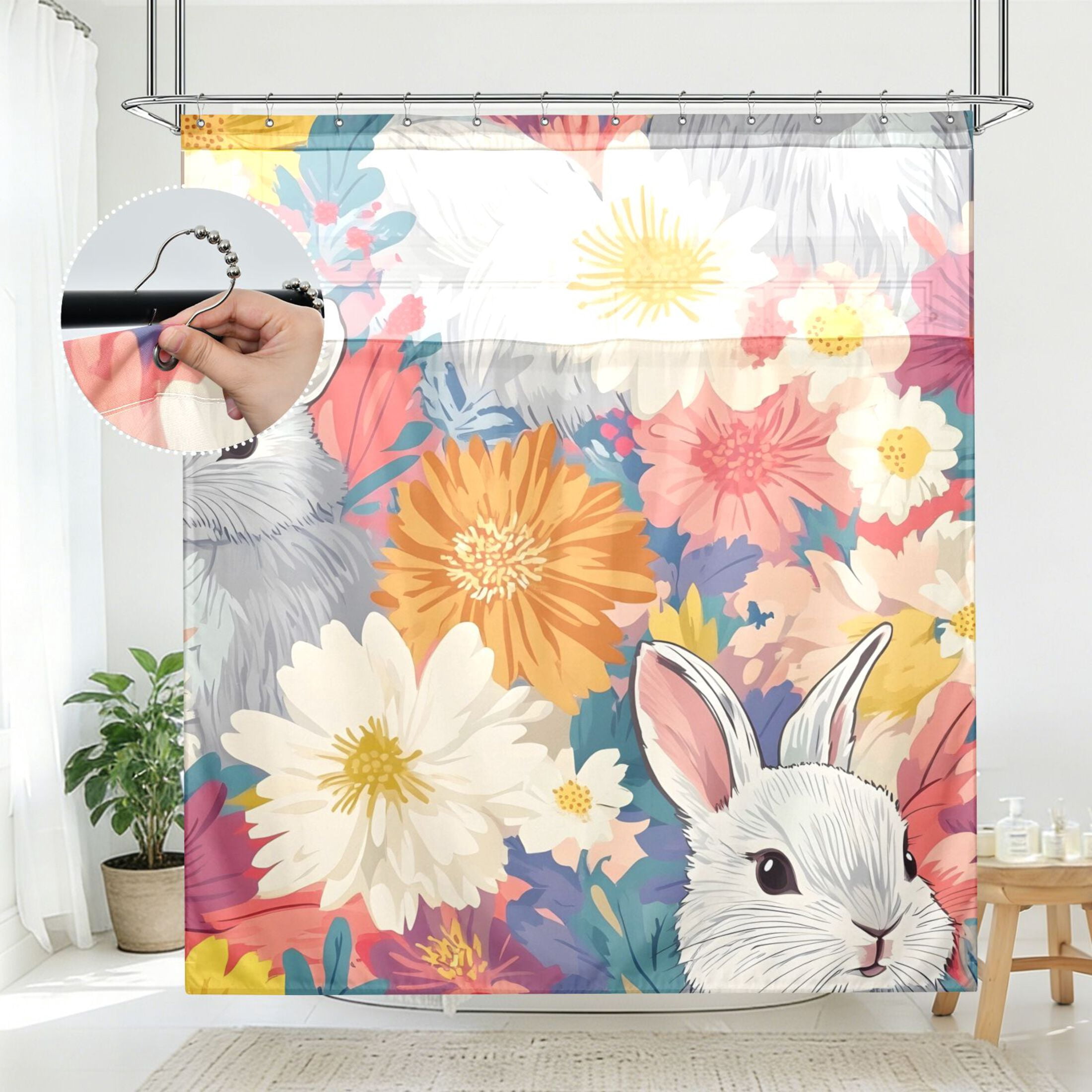 BZSMCE Gray Flower Rabbit Pattern Pattern Bathroom Shower Curtain Set ...