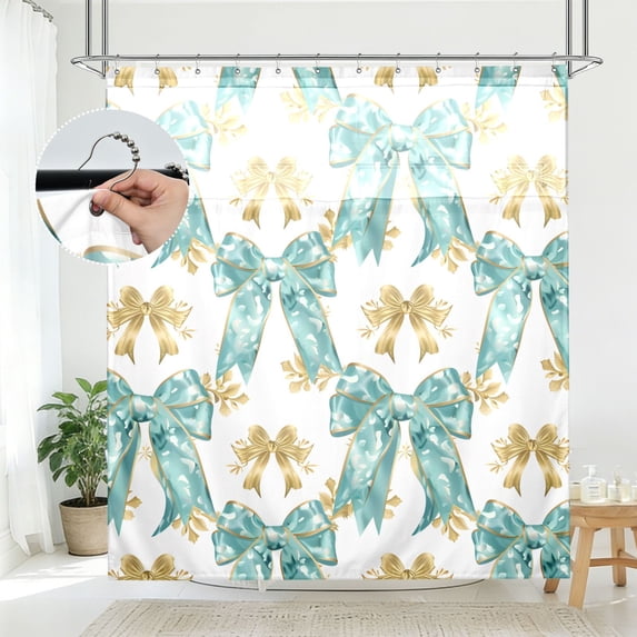 BZSMCE Green Gold Bow Pattern Pattern Bathroom Shower Curtain Set with ...