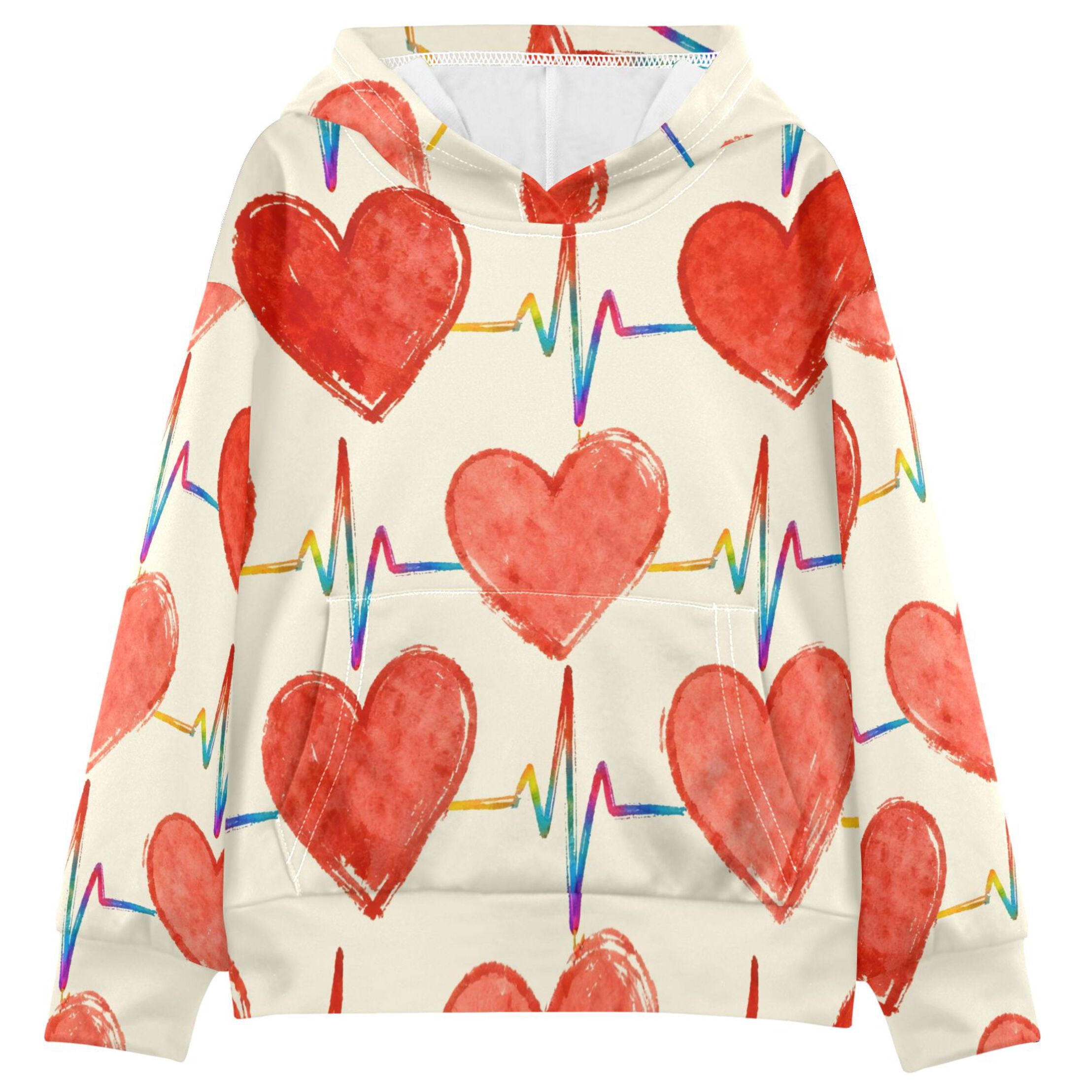 BZSMCE Heart Colored Thread Print Hoodie Casual Pullover Sweatshirt ...