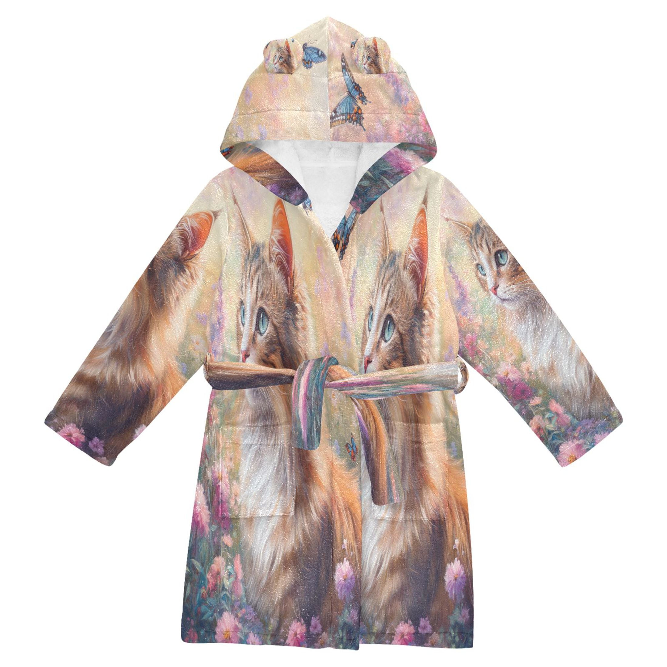 BZSMCE Kids Bathrobes Hooded Cute Cat and Butterfly in Flowers Creative ...