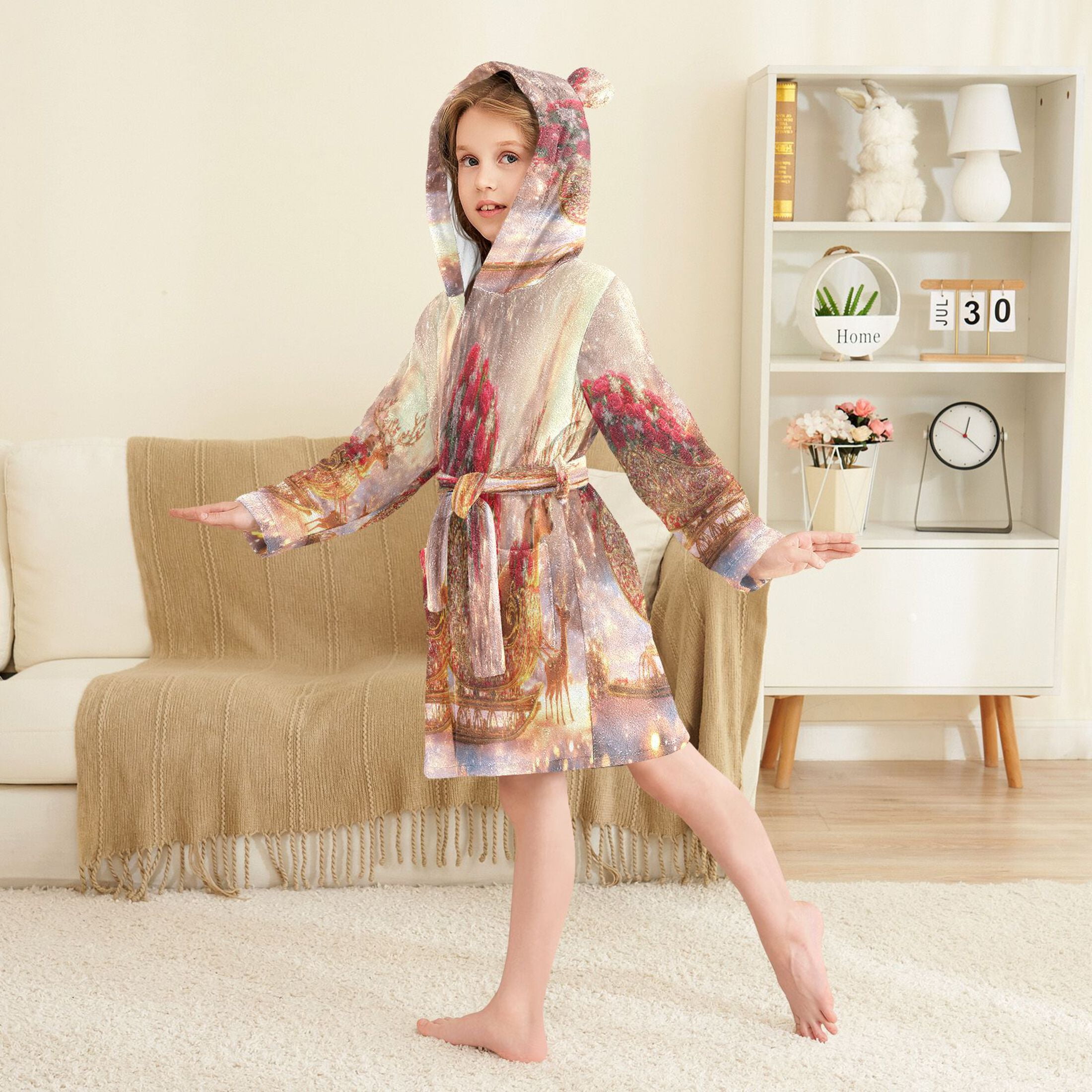 BZSMCE Kids Bathrobes Hooded Cute Festive Sleigh with Reindeer Creative ...