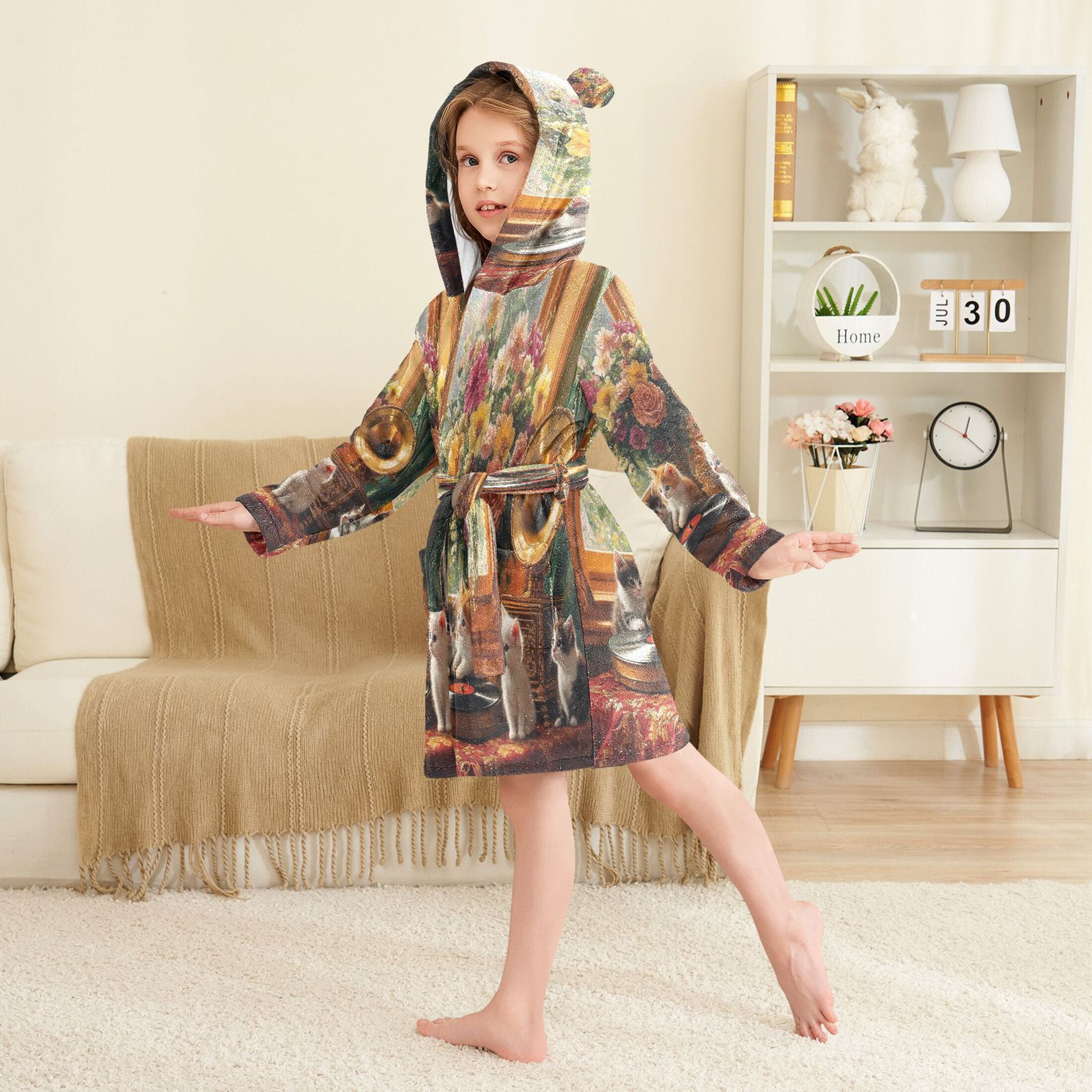BZSMCE Kids Bathrobes Hooded Cute Kittens with Flowers and Gramophone ...