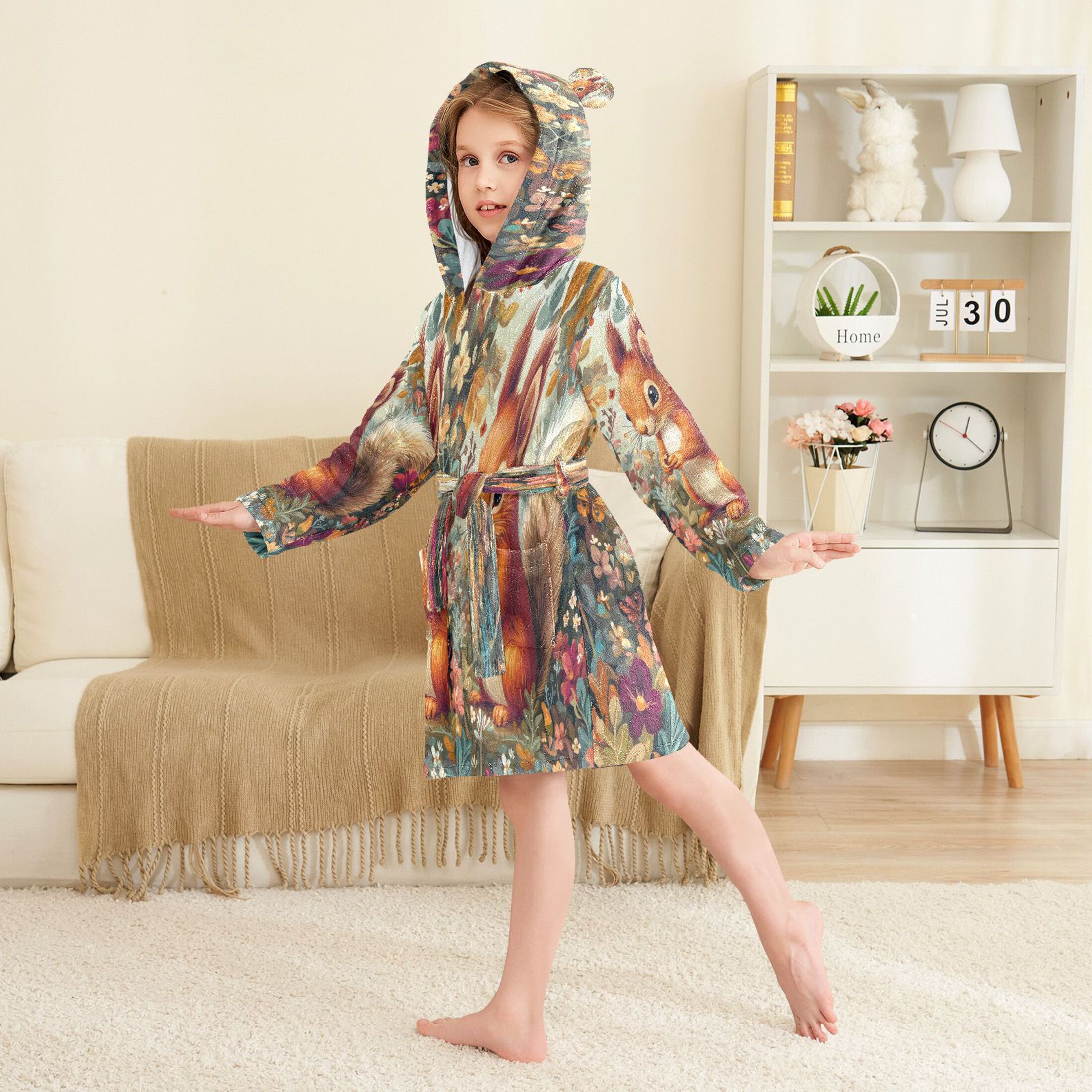 YAZAOO Kids Bathrobes Hooded Cute Squirrel Surrounded by Flowers ...
