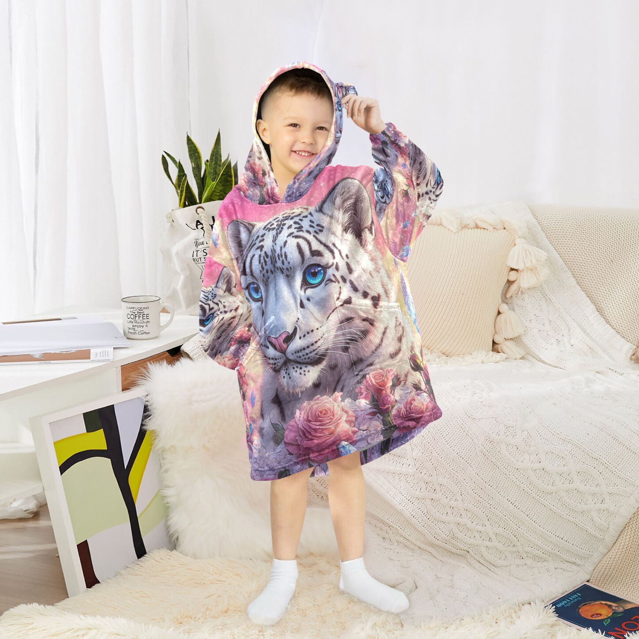 BZSMCE Kids Wearable Blanket Hoodie Warm and Cozy Snow Leopard Roses ...