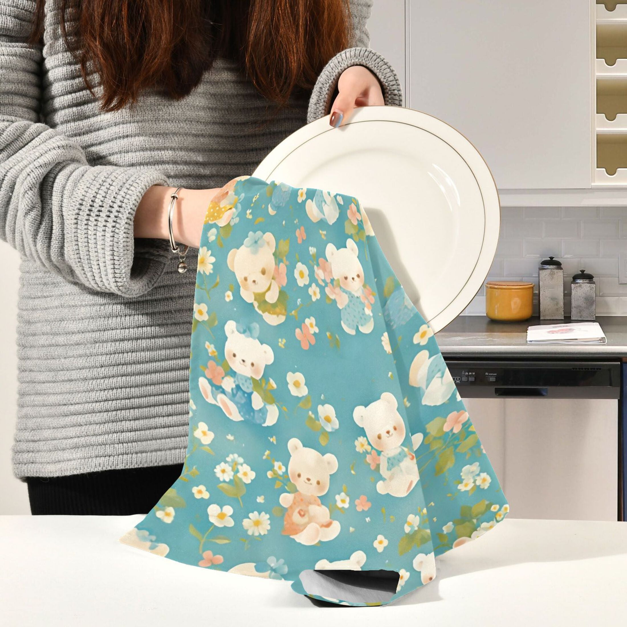 BZSMCE Kitchen Towels Creative Blue Bear Pattern Durable Kitchen Towel ...