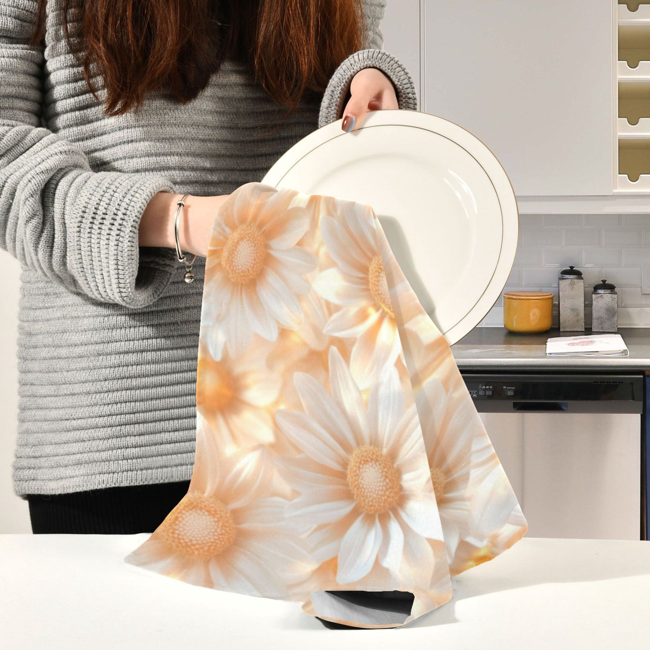 BZSMCE Kitchen Towels Creative Bright White Daisies in Bloom Pattern ...