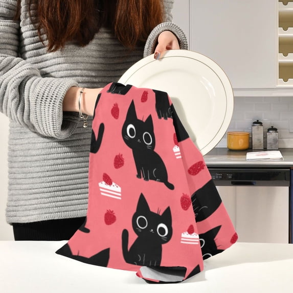 BZSMCE Kitchen Towels Creative Cat Strawberry & Treats Pattern Durable ...