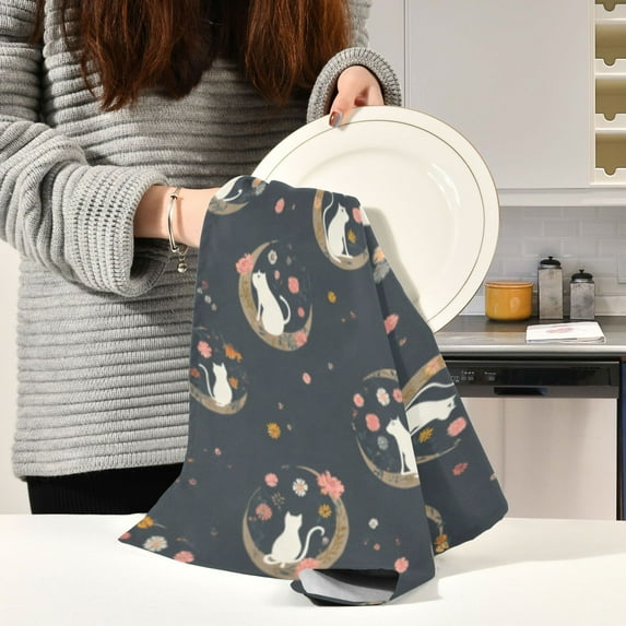 BZSMCE Kitchen Towels Creative Cats and Moon Bubbles Dark Pattern ...