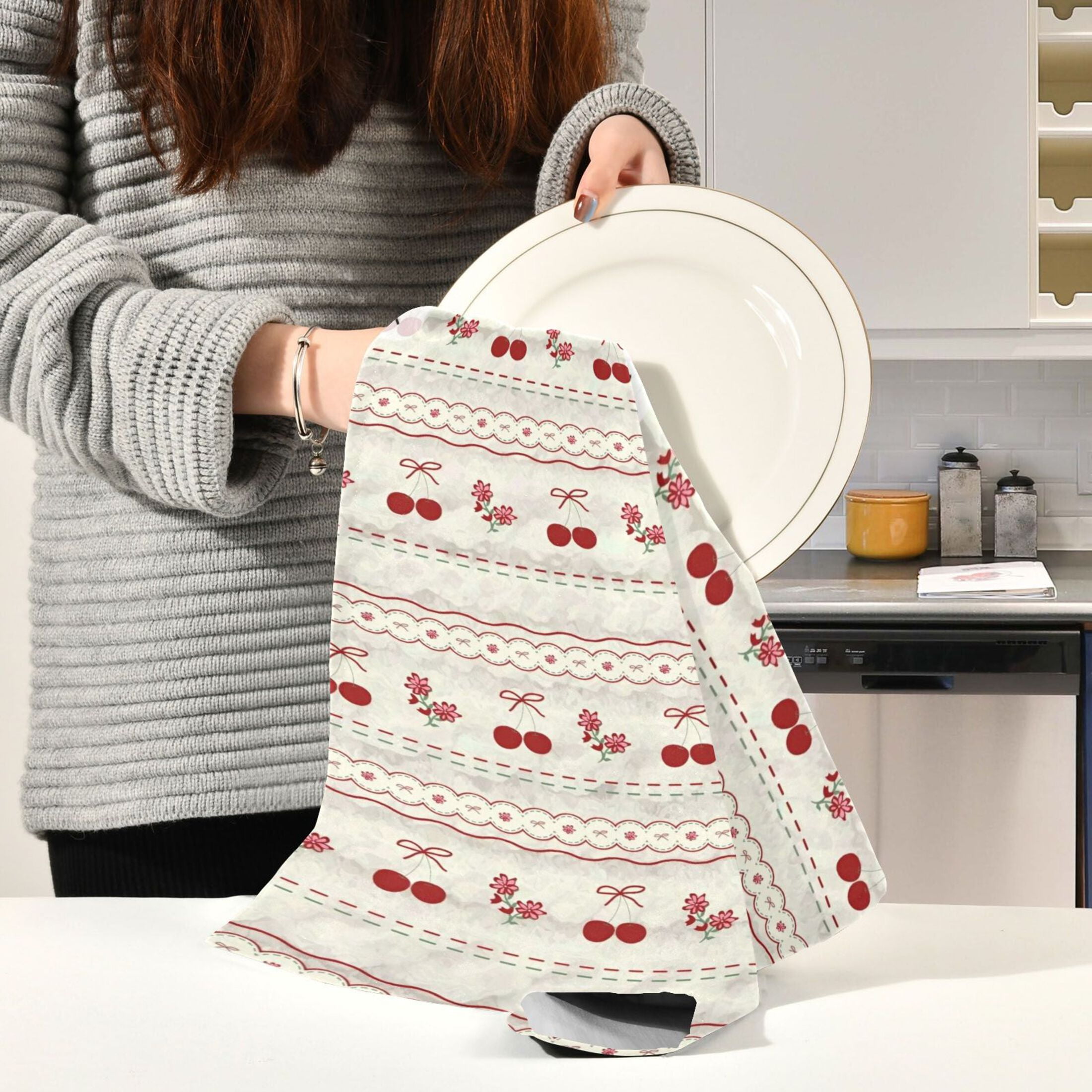BZSMCE Kitchen Towels Creative Cherry Stripe Delight Pattern Durable ...