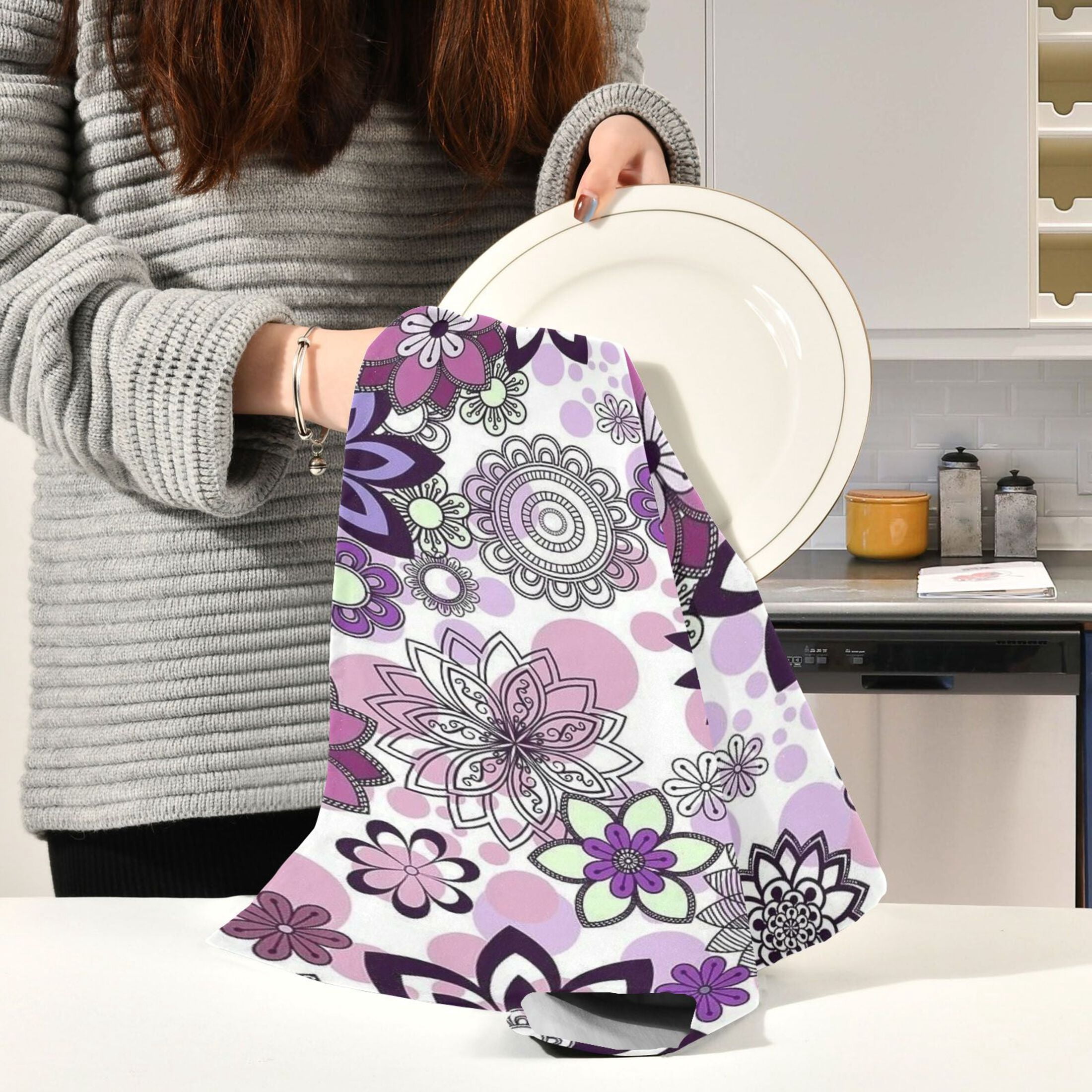 BZSMCE Kitchen Towels Creative Circular Garden Of Flowers Pattern ...