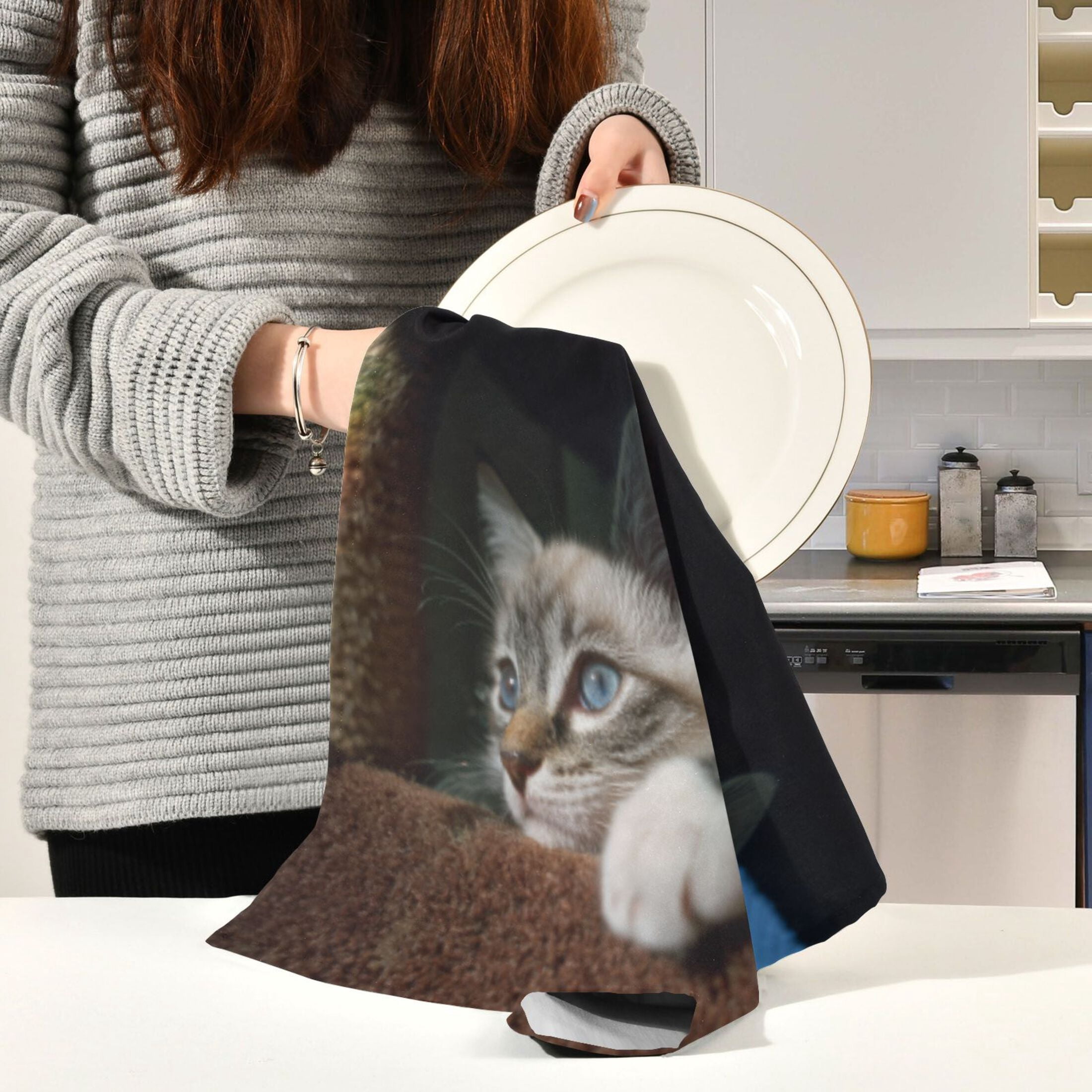 BZSMCE Kitchen Towels Creative Curious Kitten's Peek Pattern Durable ...