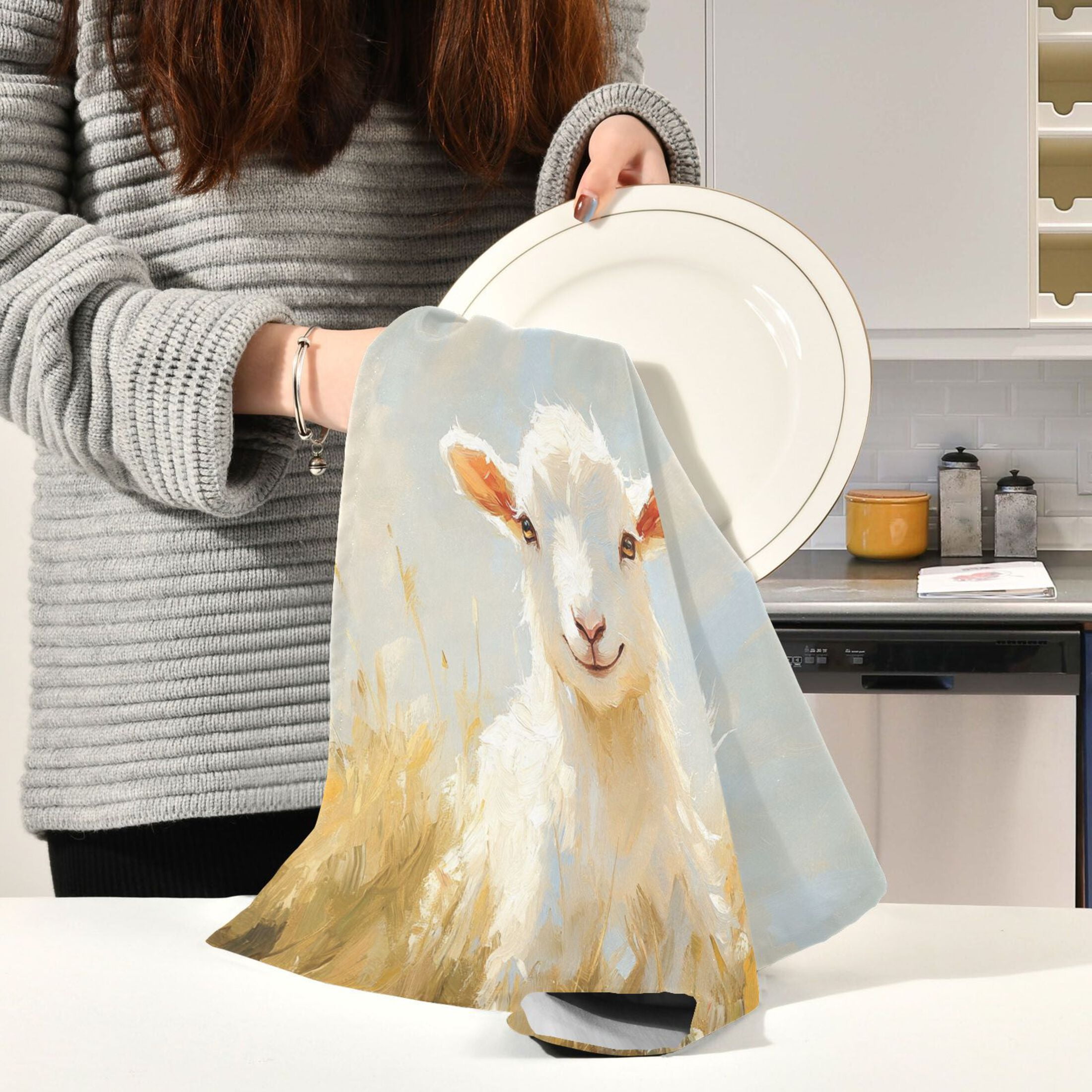BZSMCE Kitchen Towels Creative Cute White Goat Pattern Durable Kitchen ...