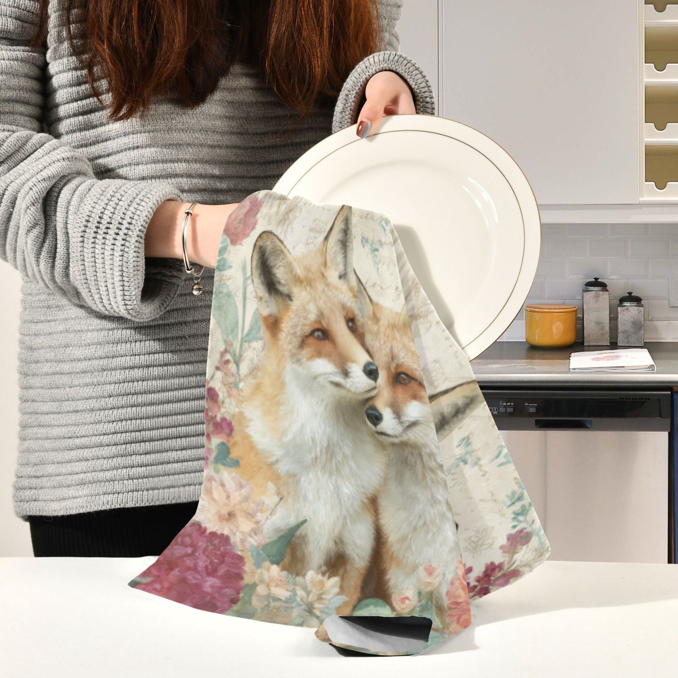 BZSMCE Kitchen Towels Creative Ember Fox Pattern Durable Kitchen Towel ...