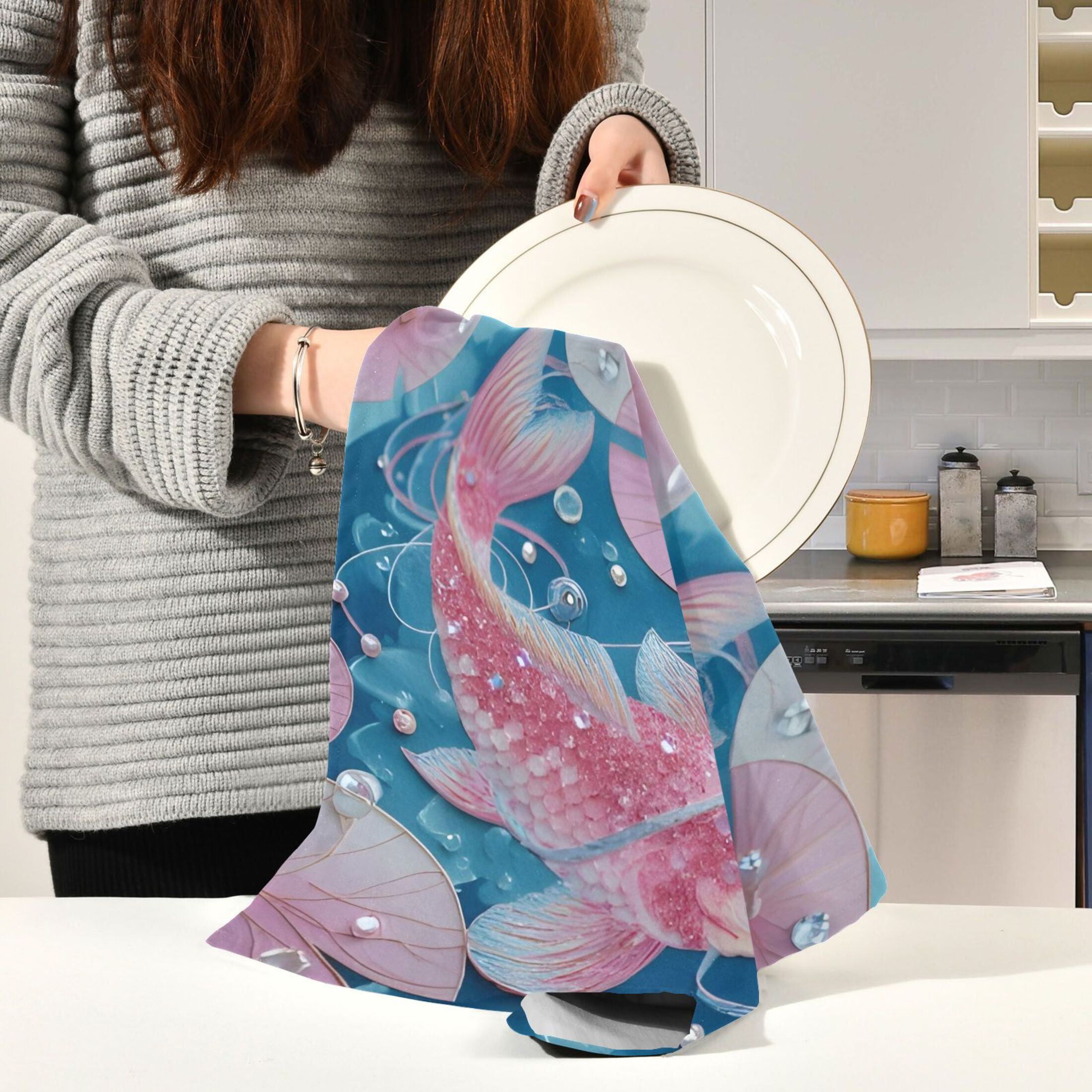 BZSMCE Kitchen Towels Creative Fish in Pond Pattern Durable Kitchen ...