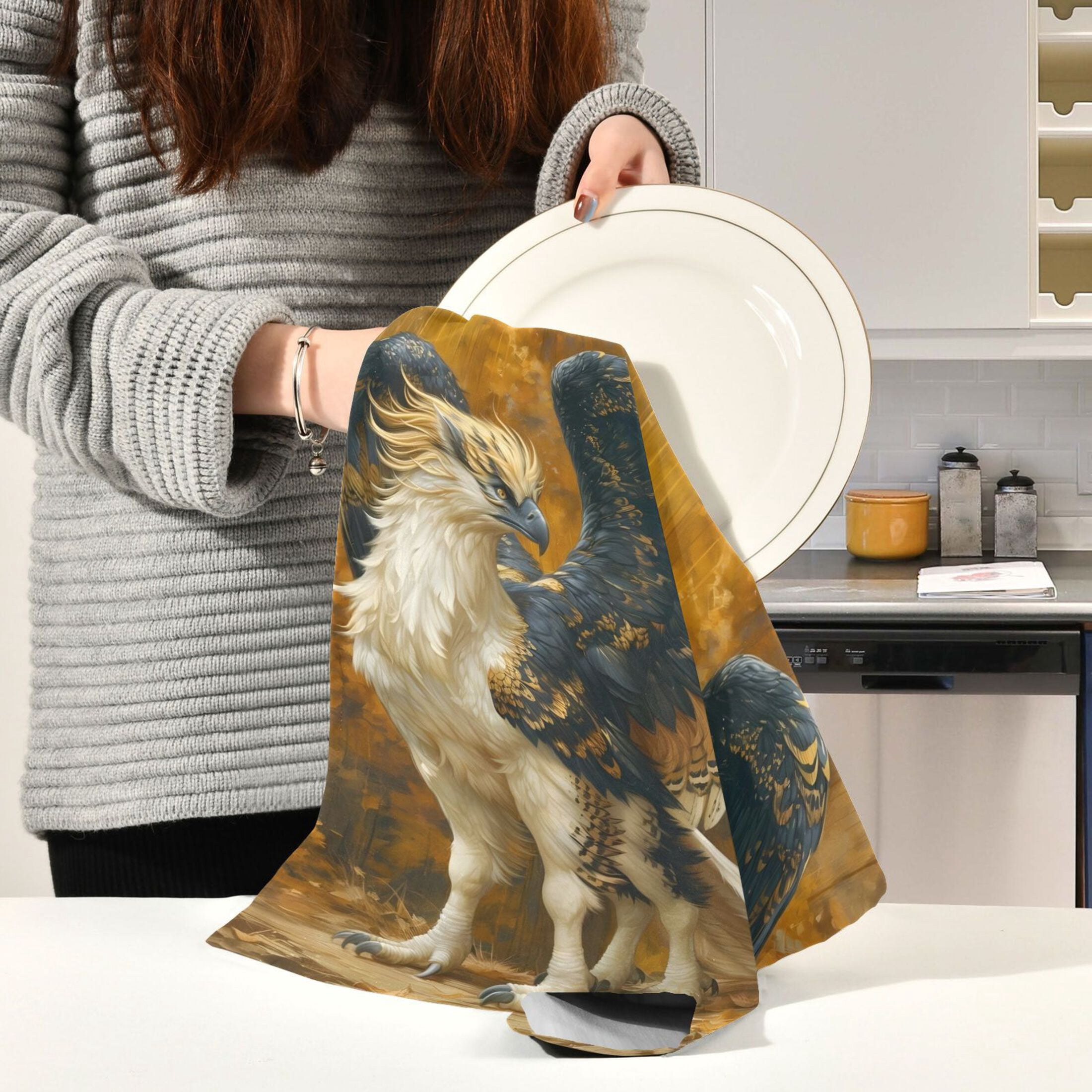 BZSMCE Kitchen Towels Creative Golden Griffin Portrait Pattern Durable ...
