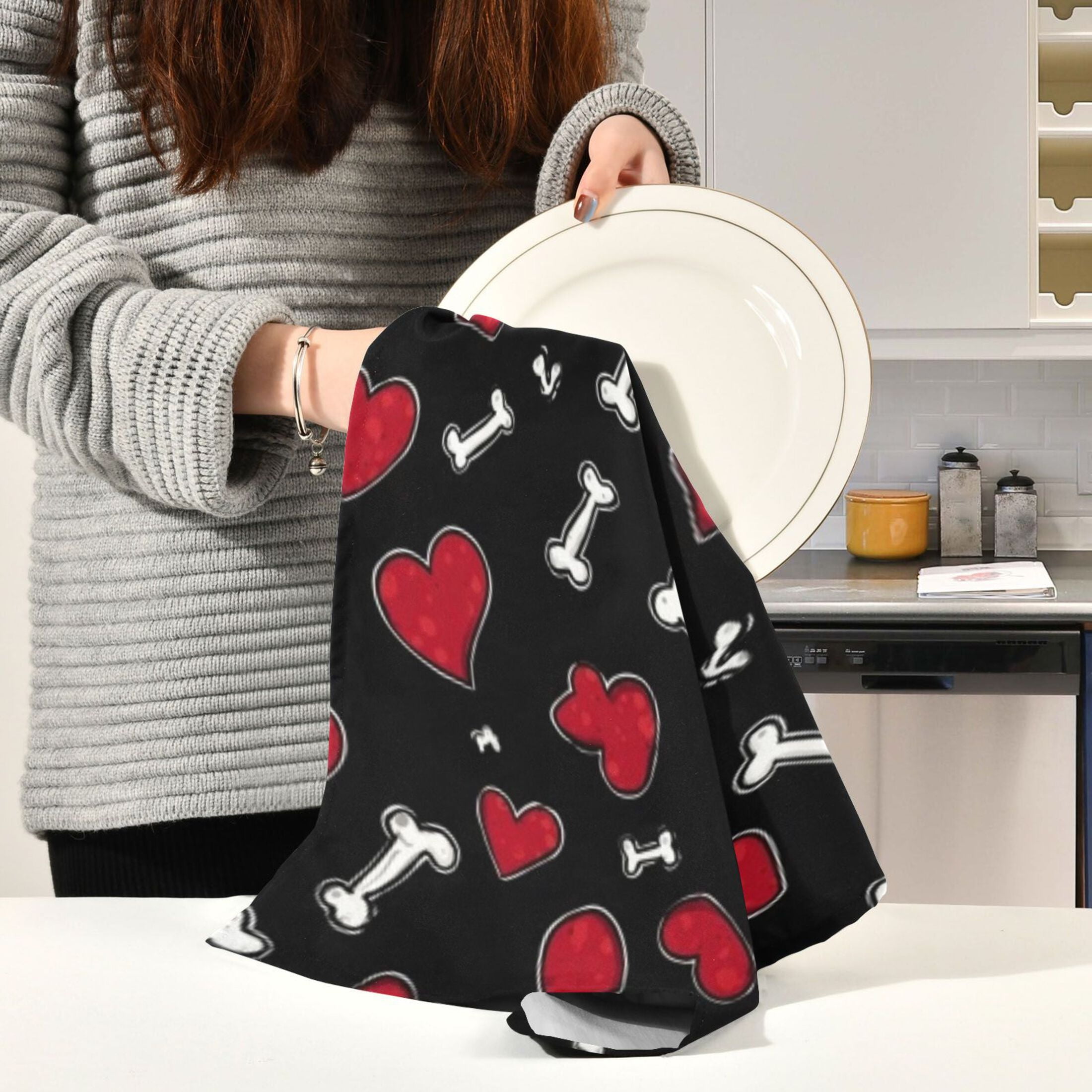 BZSMCE Kitchen Towels Creative Heart Bone Black Pattern Durable Kitchen ...