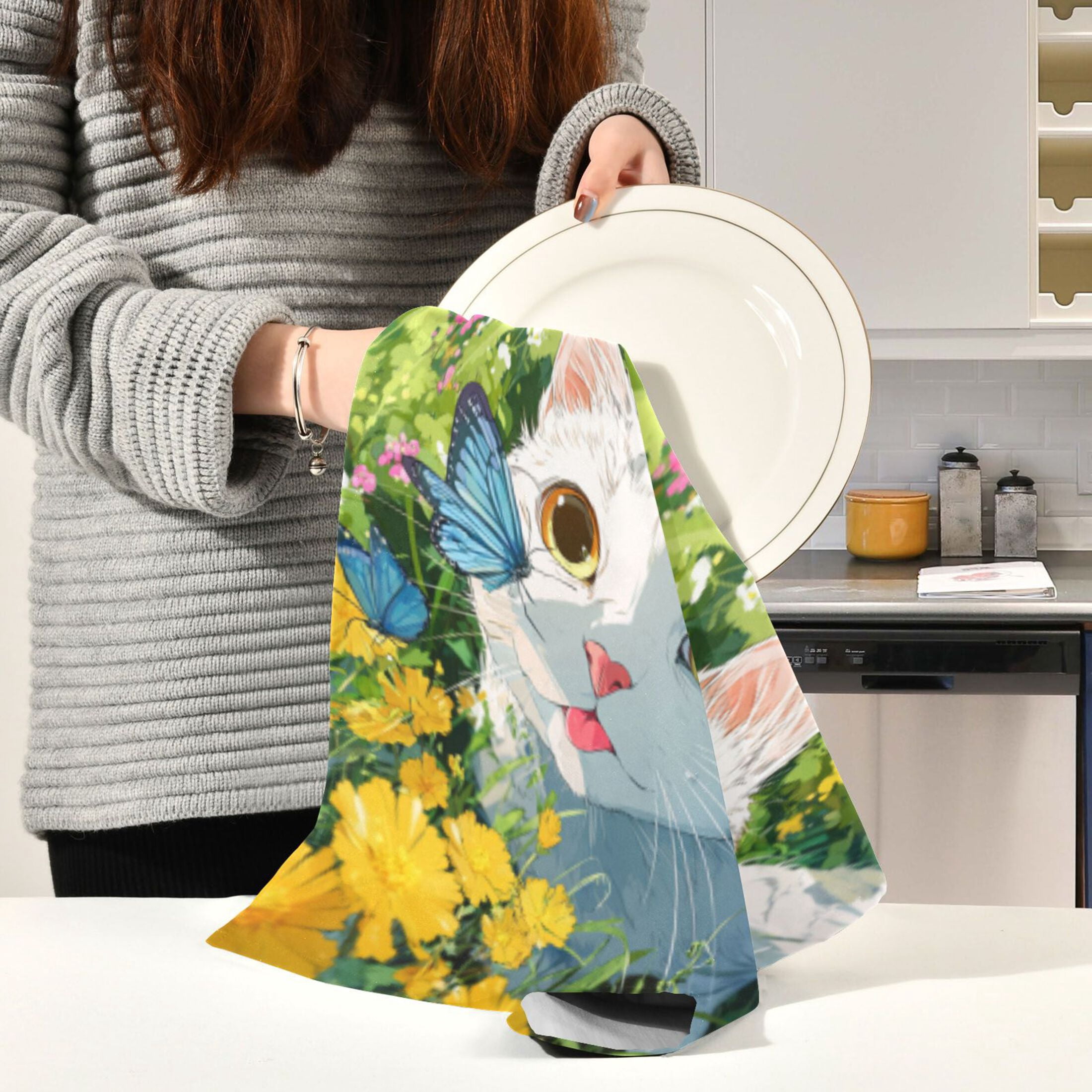 BZSMCE Kitchen Towels Creative Kitten's Floral Butterfly Encounter ...