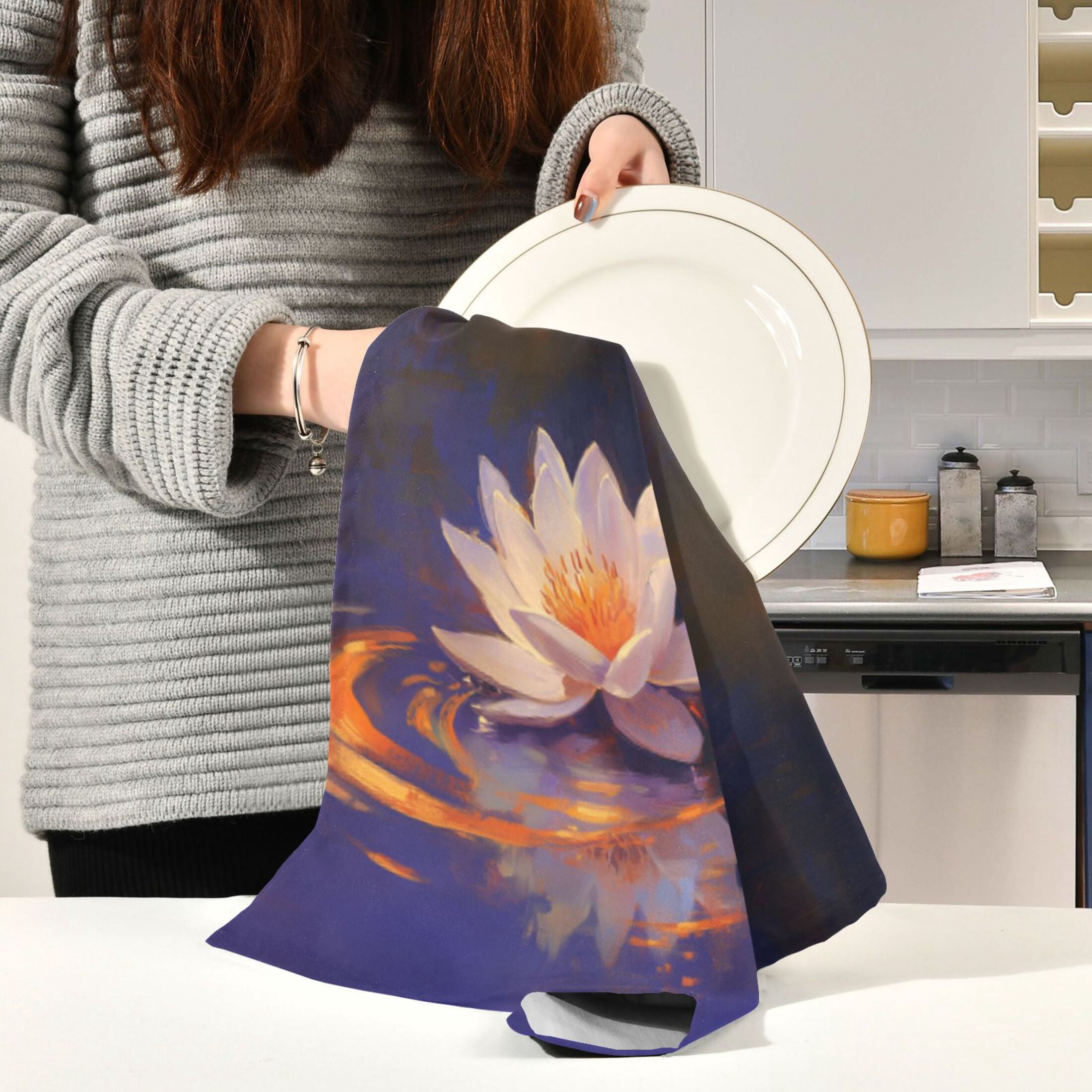 BZSMCE Kitchen Towels Creative Lilies in The Moonlight Pattern Durable ...