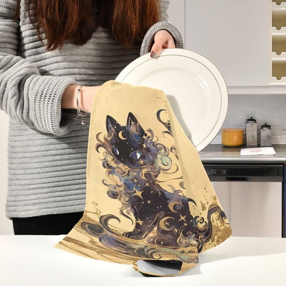 BZSMCE Kitchen Towels Creative Mystic Black Cat Amid Golden Whirls ...