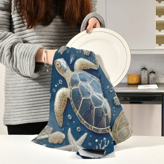 BZSMCE Kitchen Towels Creative Navy Beaded Sea Turtle Pattern Durable ...