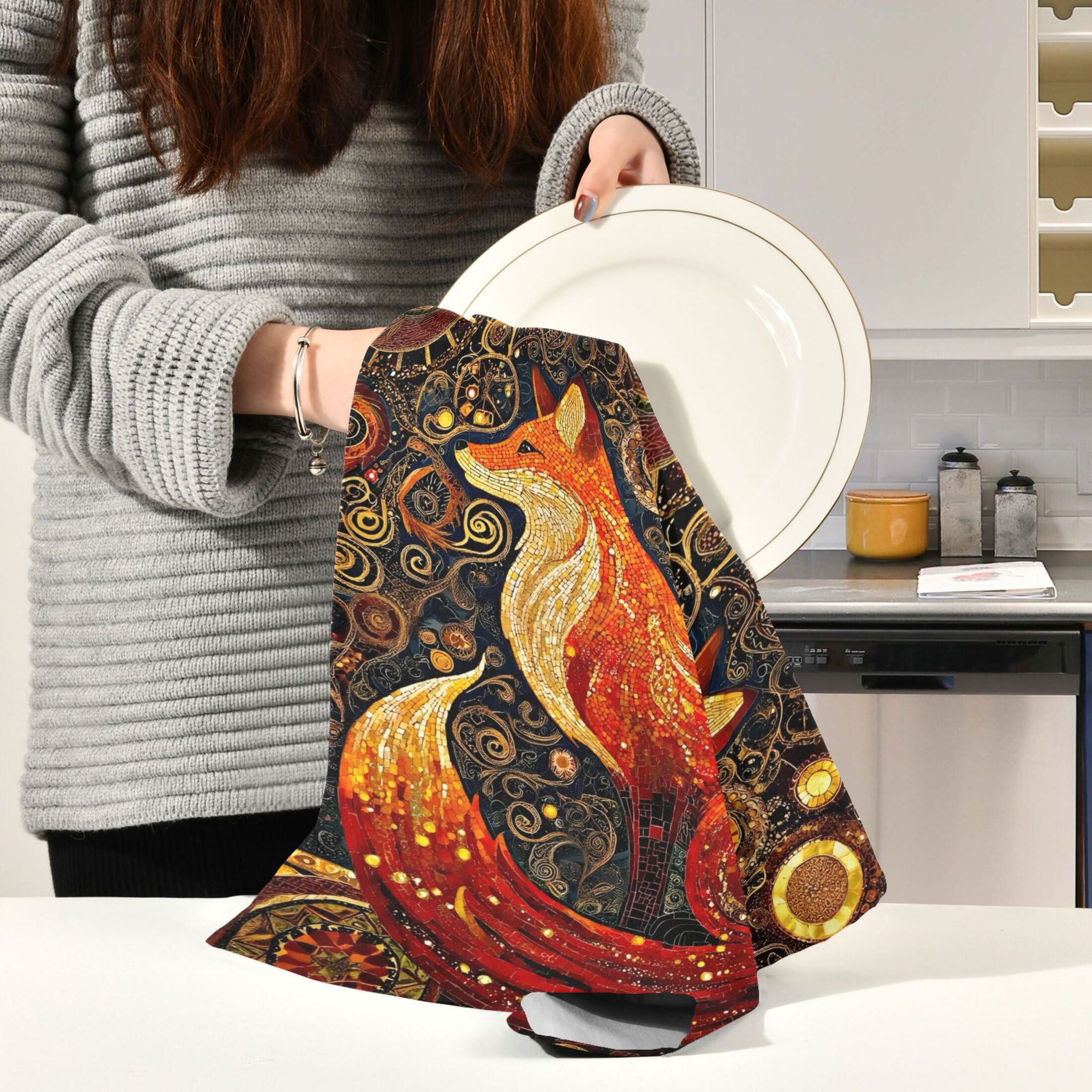 BZSMCE Kitchen Towels Creative Ornate Red Fox Pattern Durable Kitchen ...