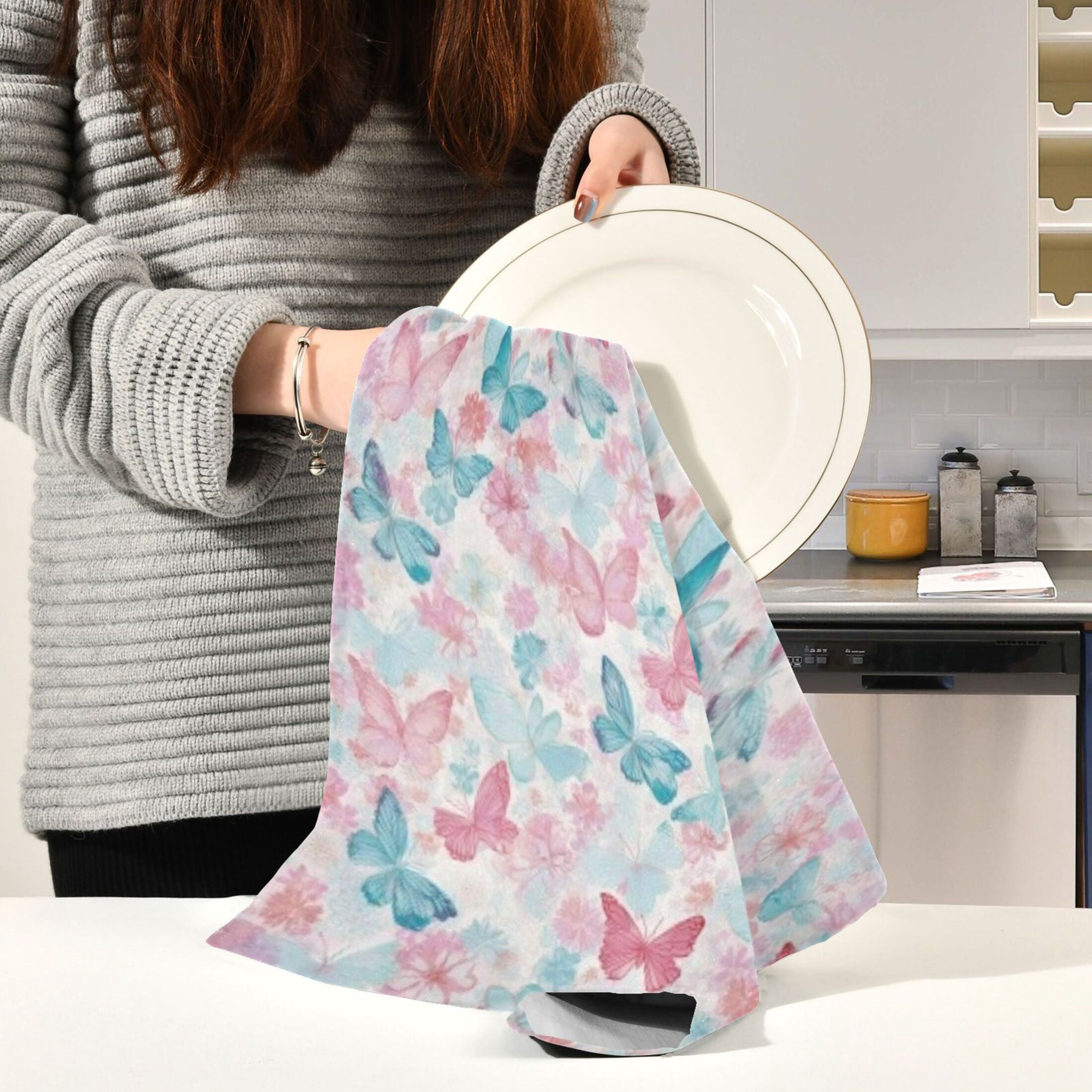 BZSMCE Kitchen Towels Creative Pastel Butterfly-petal Mist Pattern ...