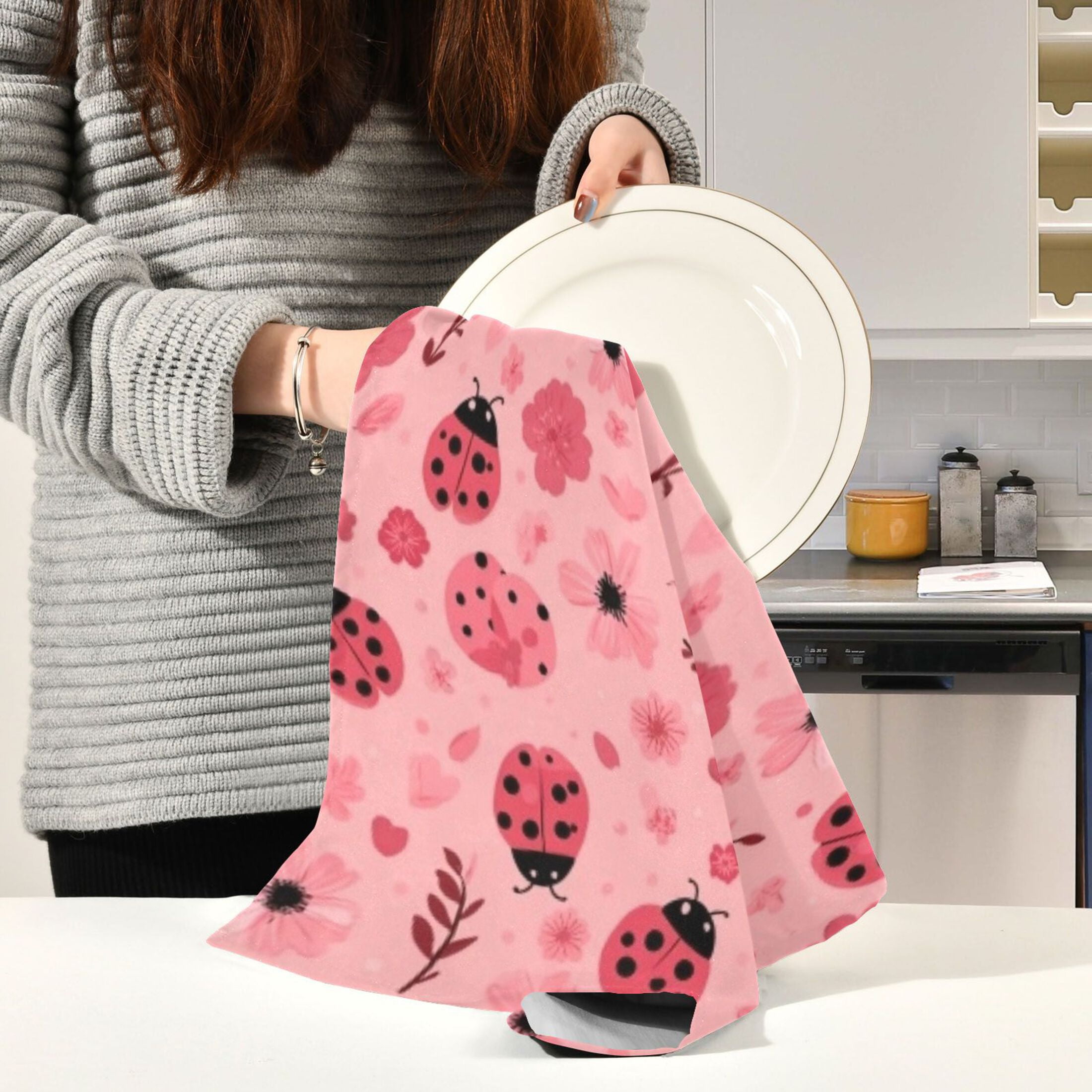 BZSMCE Kitchen Towels Creative Pink Ladybug Floral Pattern Durable ...