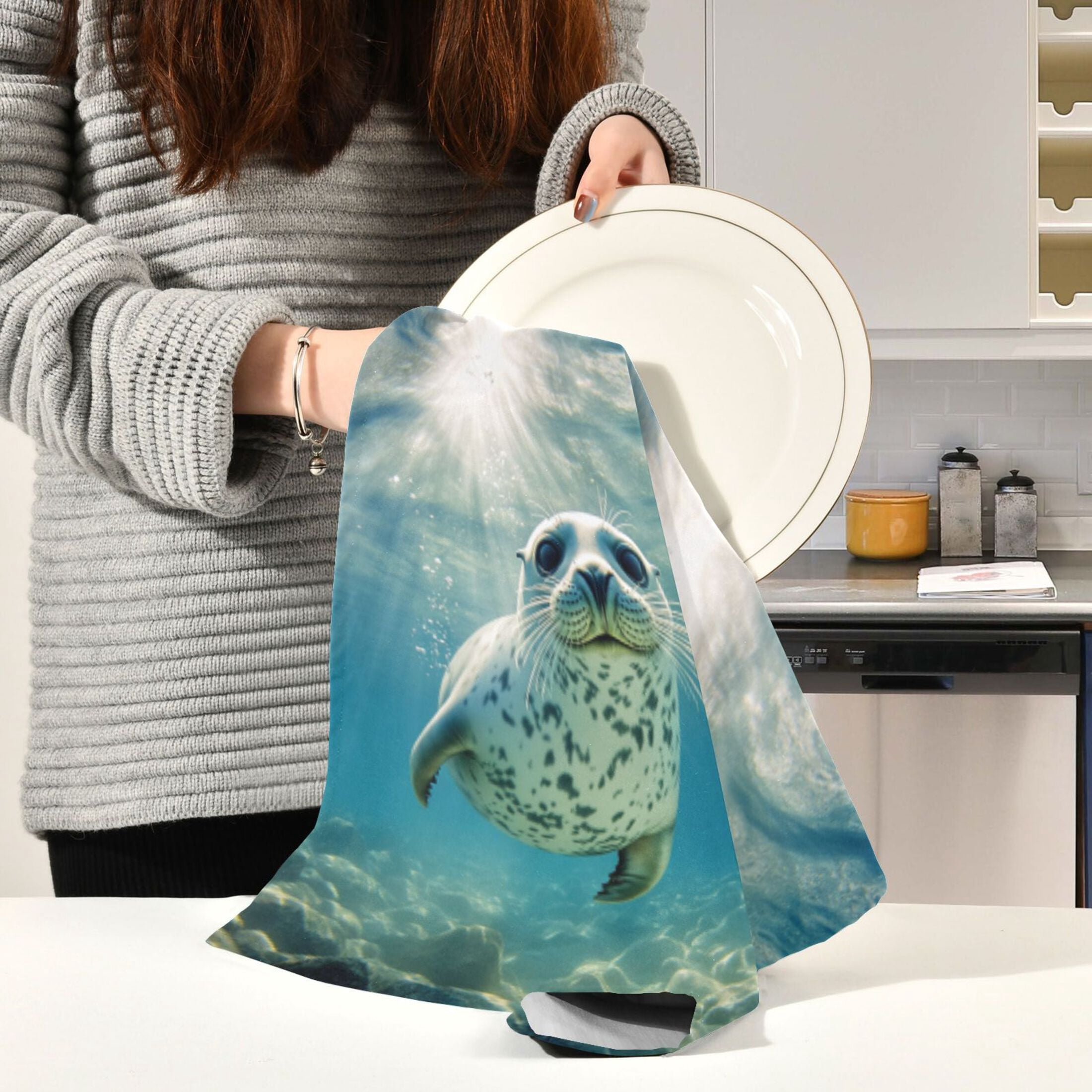 BZSMCE Kitchen Towels Creative Playful Seal Dive Pattern Durable ...