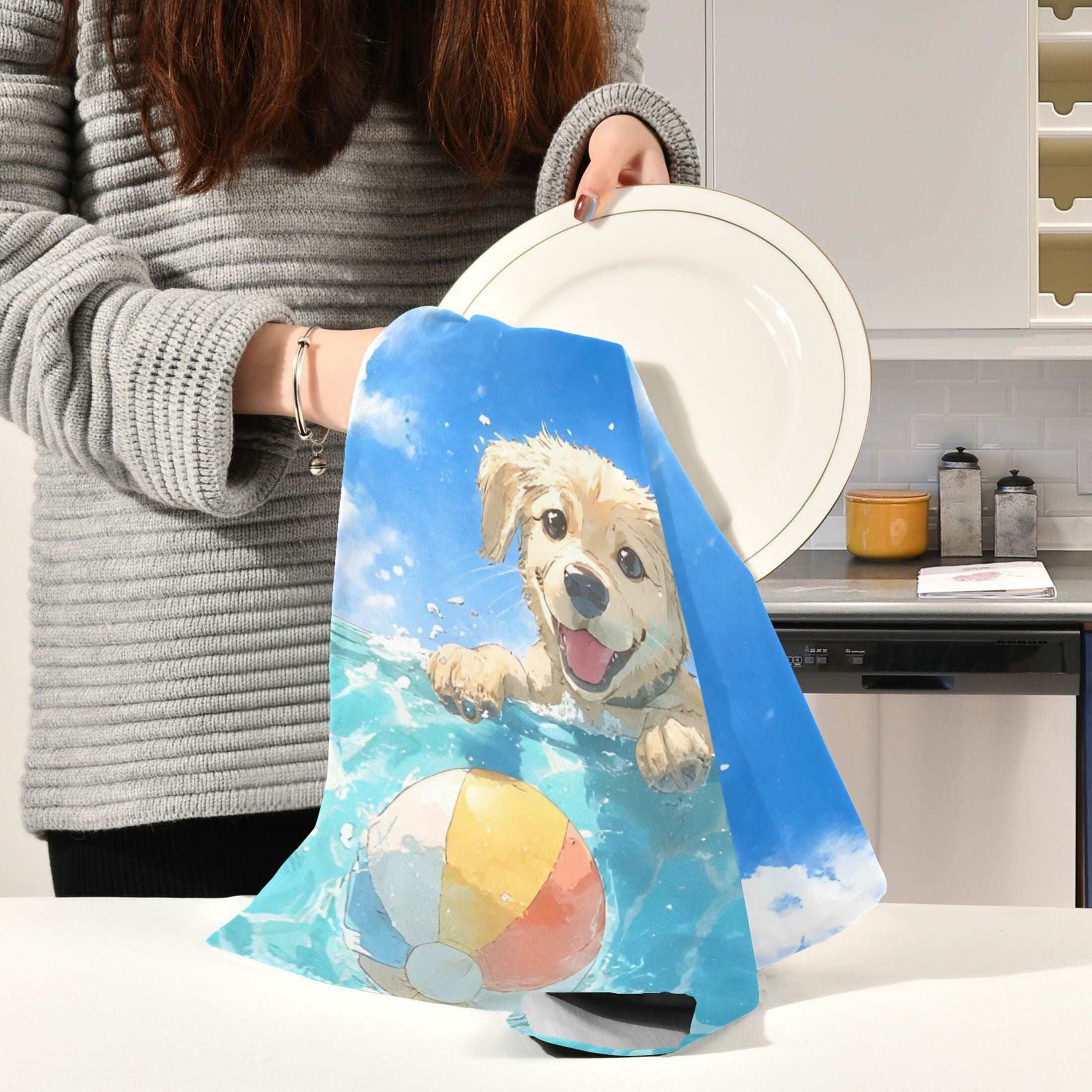 BZSMCE Kitchen Towels Creative Pool Puppy’s Beach Pattern Durable ...