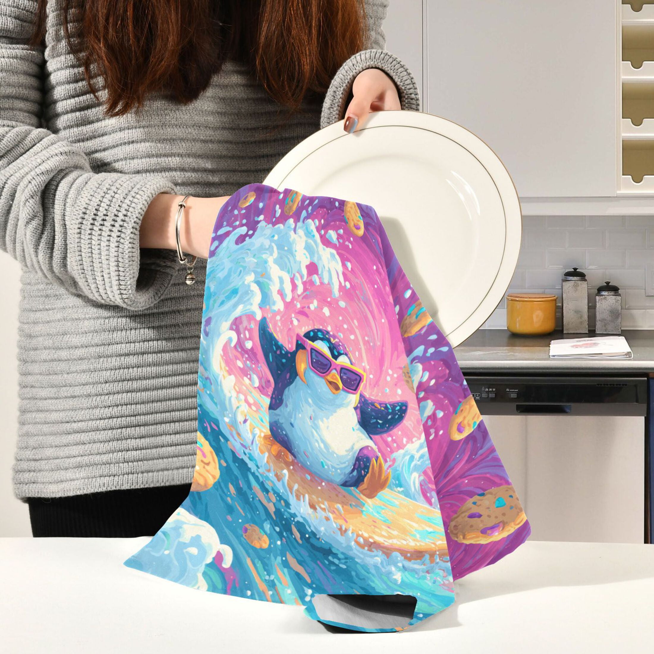 BZSMCE Kitchen Towels Creative Psychedelic Surf Penguin Pattern Durable ...