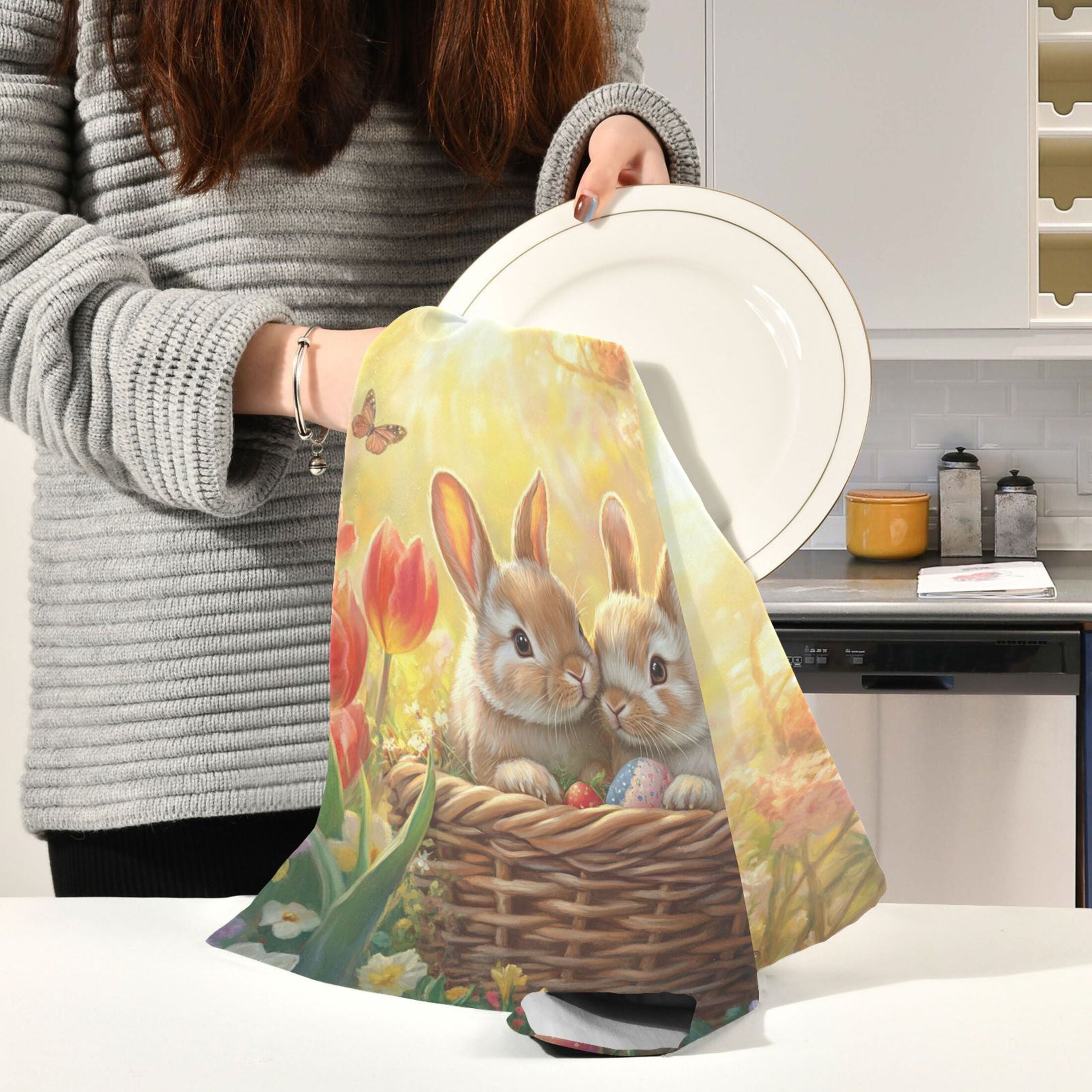 BZSMCE Kitchen Towels Creative Rabbit on Easter Basket Pattern Durable ...